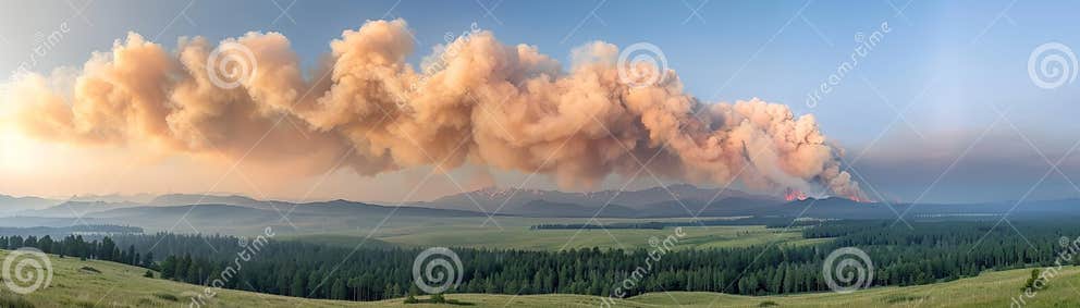 Panoramic View of a Vast Forest with a Distant Wildfire Creating a ...
