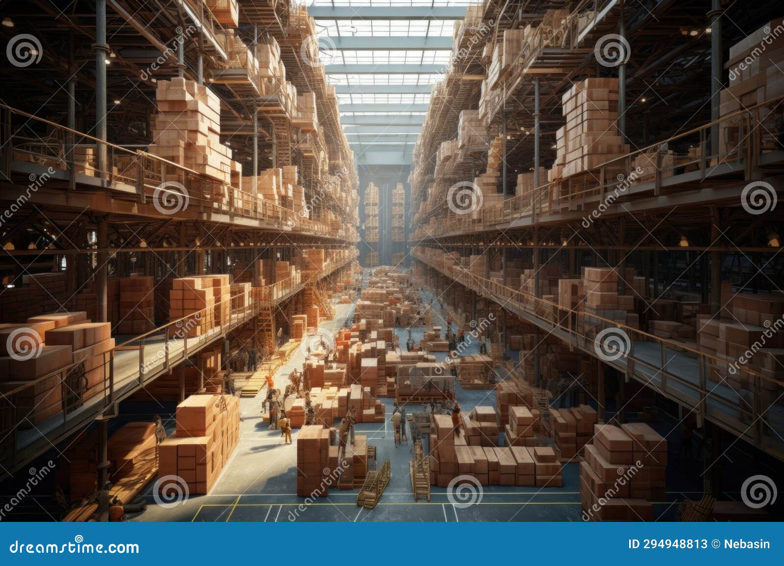 A Panoramic View of a Vast Warehouse with Towering Shelves and Numerous ...