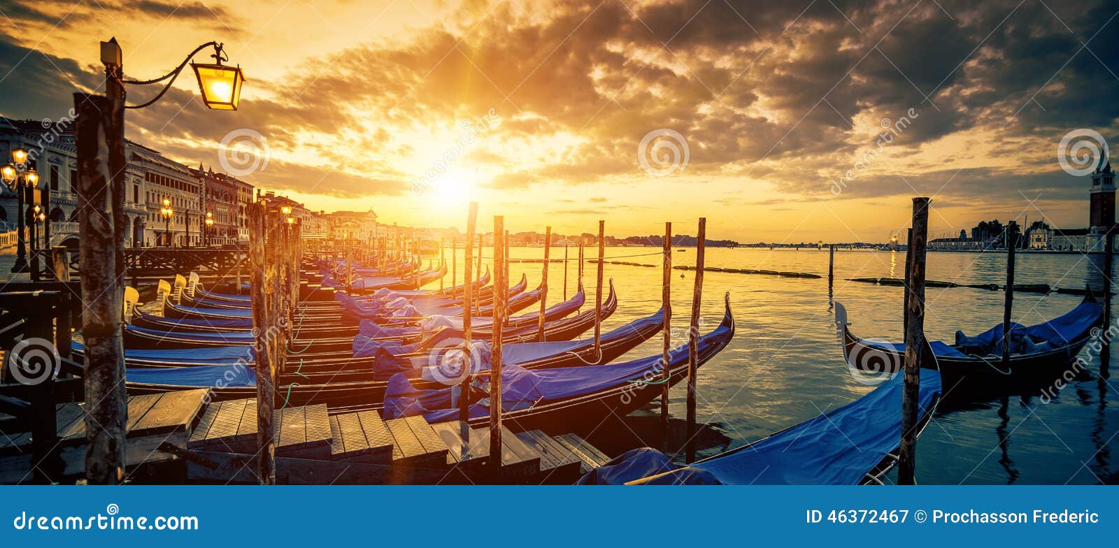 Panoramic View of Venice with Gondolas at Sunrise Stock Image - Image ...