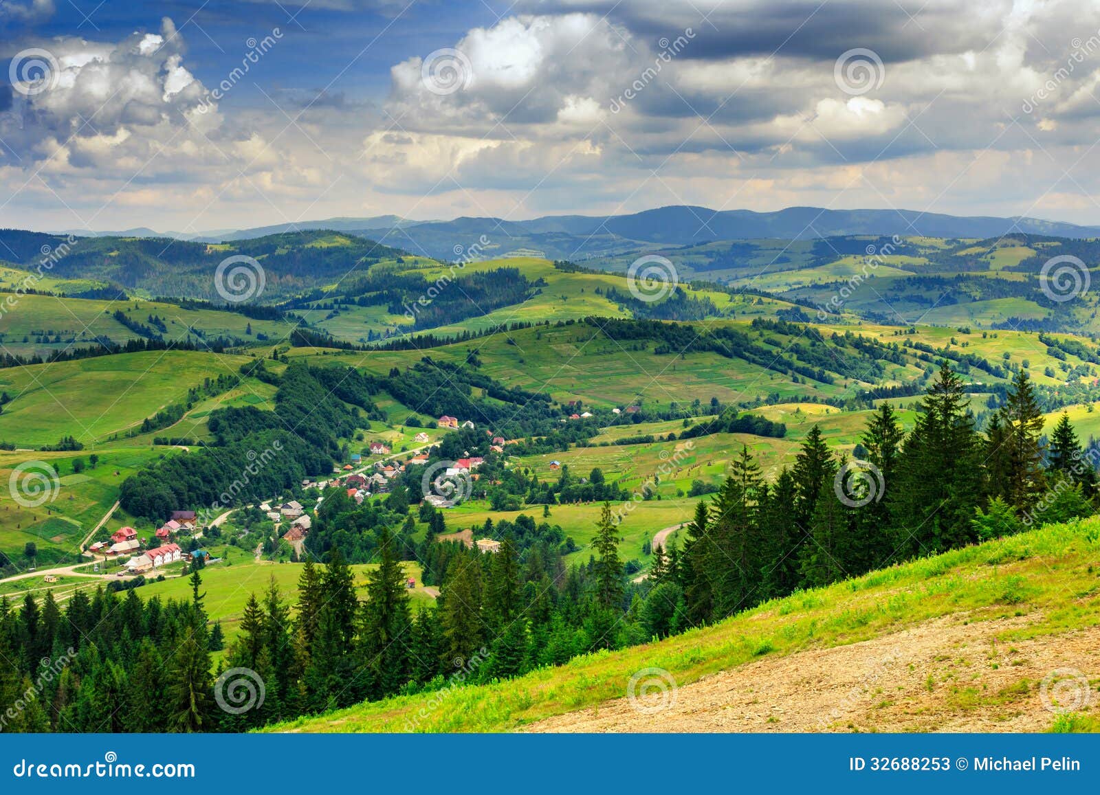 Panoramic View on Village in a Hilly Valley Stock Image - Image of ...