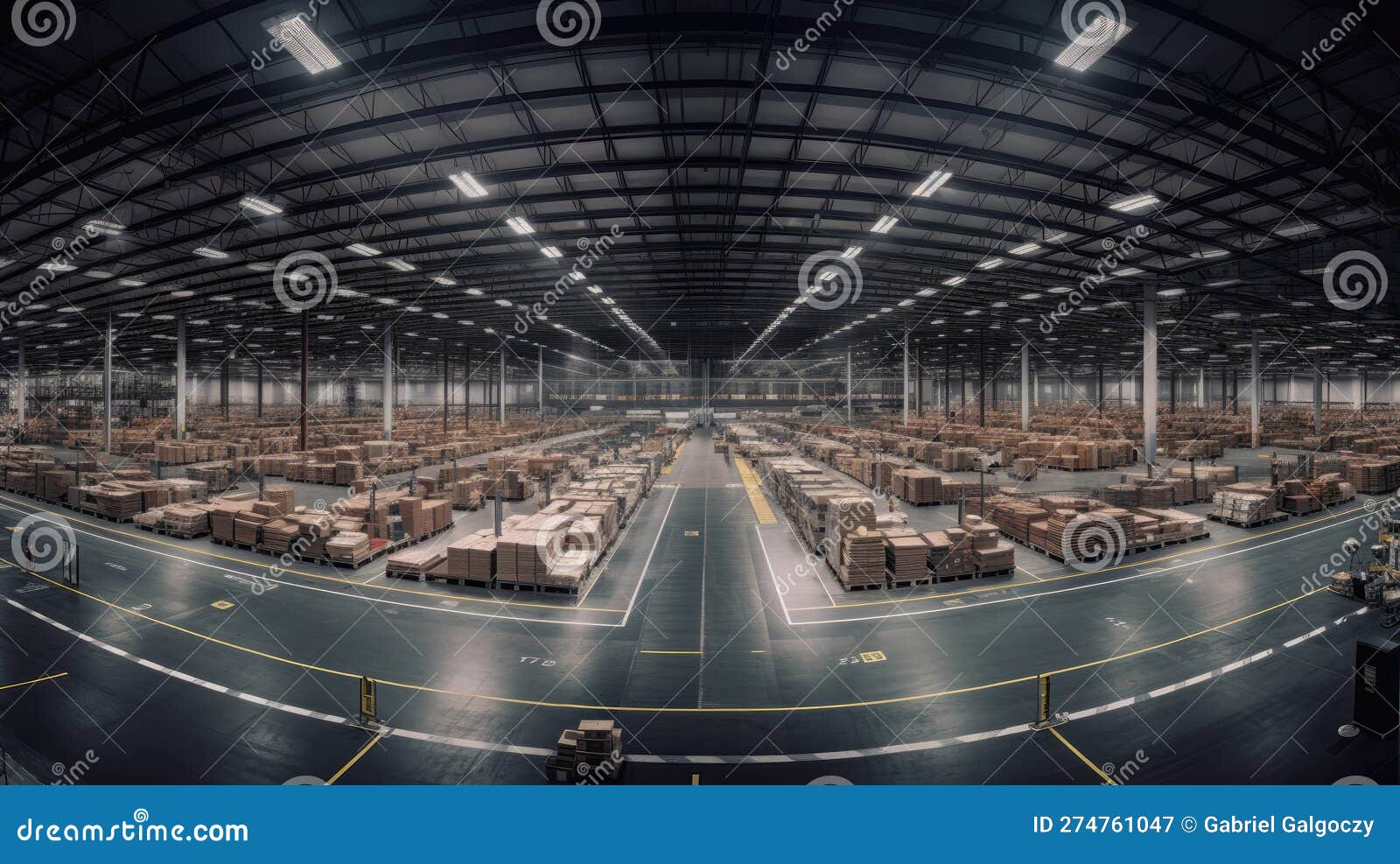 Panoramic View of Warehouse with Rows of Cardboard Boxes Stock ...