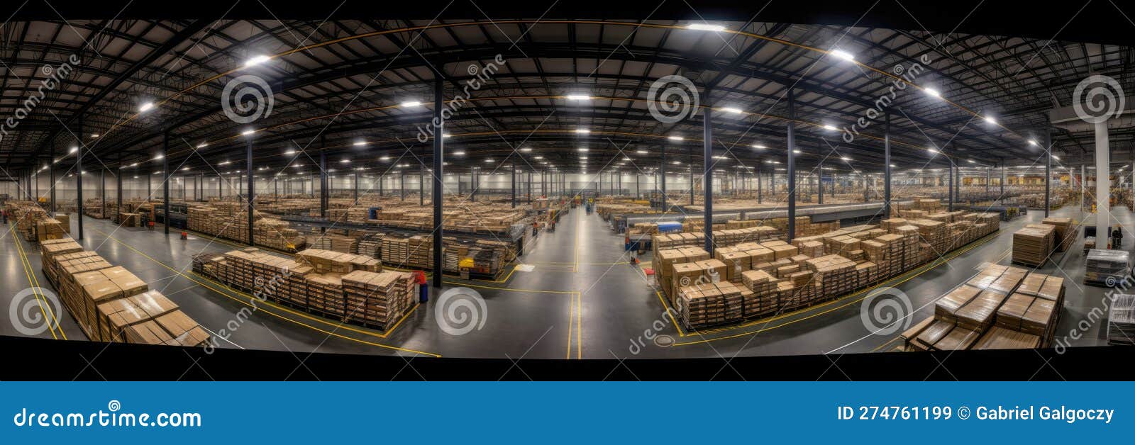 Panoramic View of Warehouse with Rows of Cardboard Boxes Stock ...