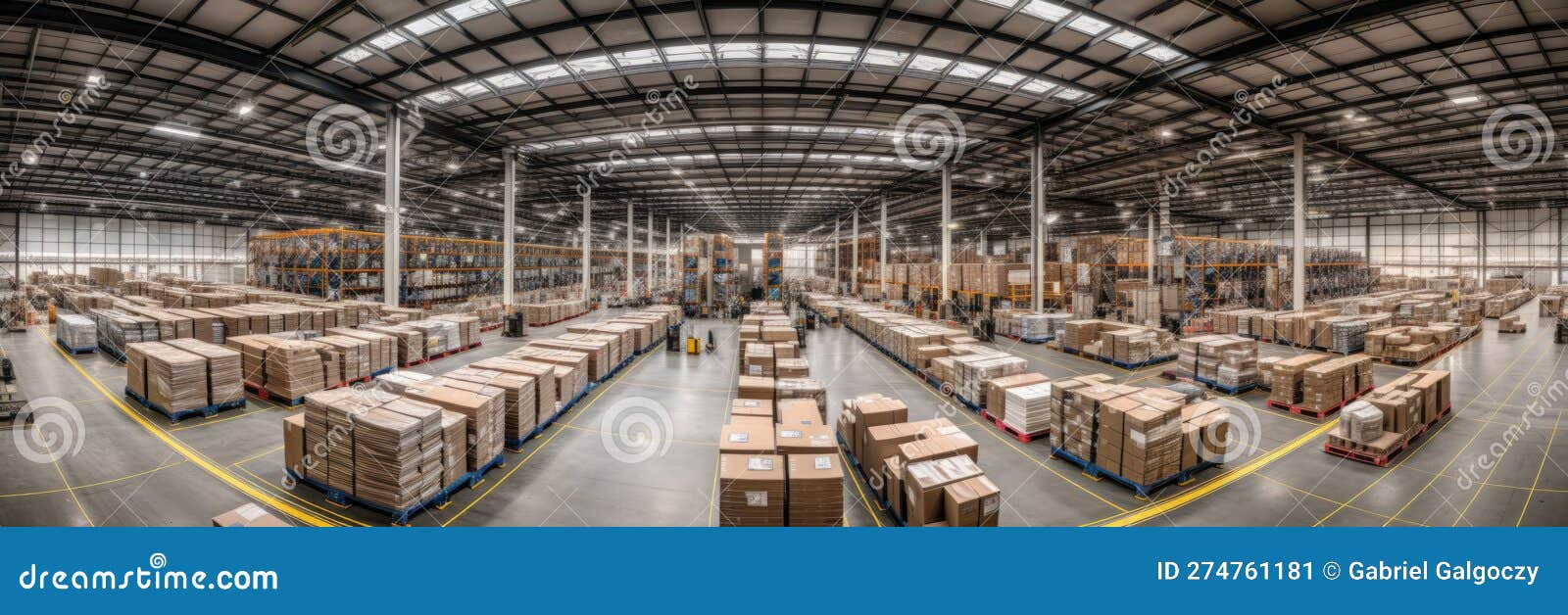 Panoramic View of Warehouse with Rows of Pallets and Boxes Stock ...