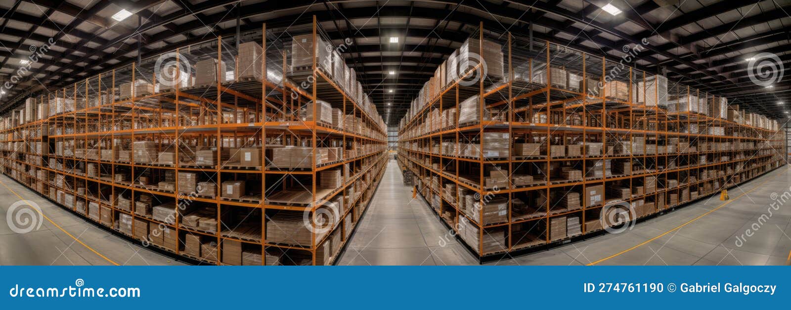 Panoramic View of a Warehouse with Rows of Shelves and Boxes Stock ...