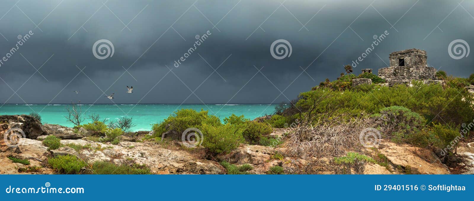 Panoramic View of the Watchtower in the Ancient City of Tulum on Stock ...