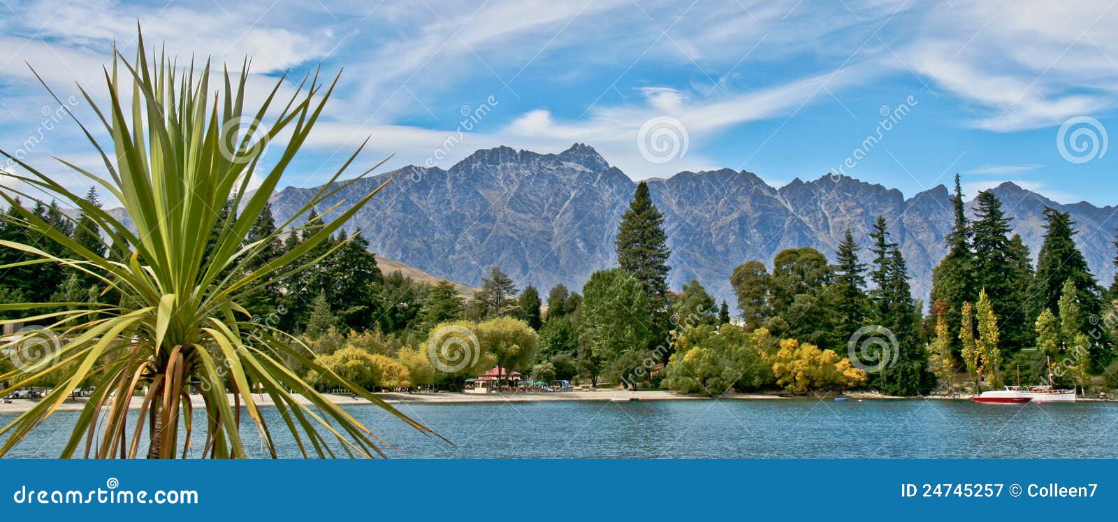 Panoramic View of Water, Mountains, Trees, and Boats Stock Image ...
