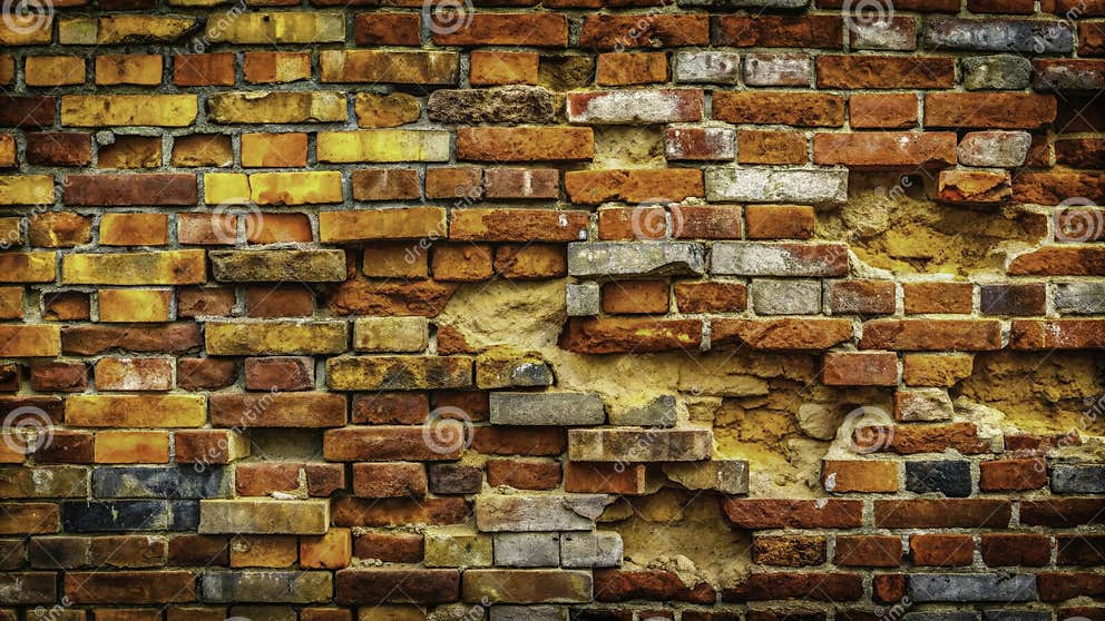 Panoramic View of a Weathered Brick Wall with Missing Bricks a ...