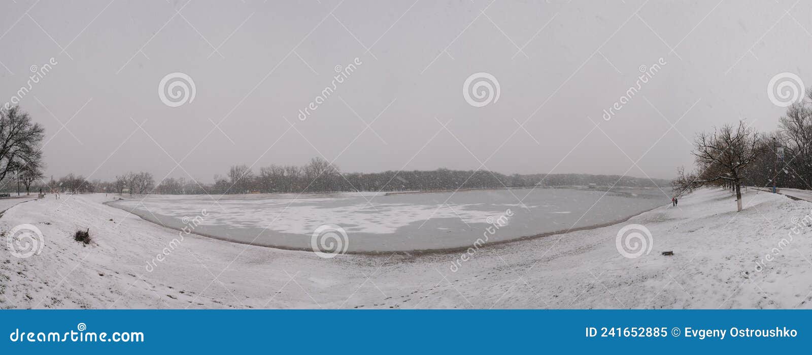 Panoramic View of the Winter Lake in Snowfall Stock Image - Image of ...