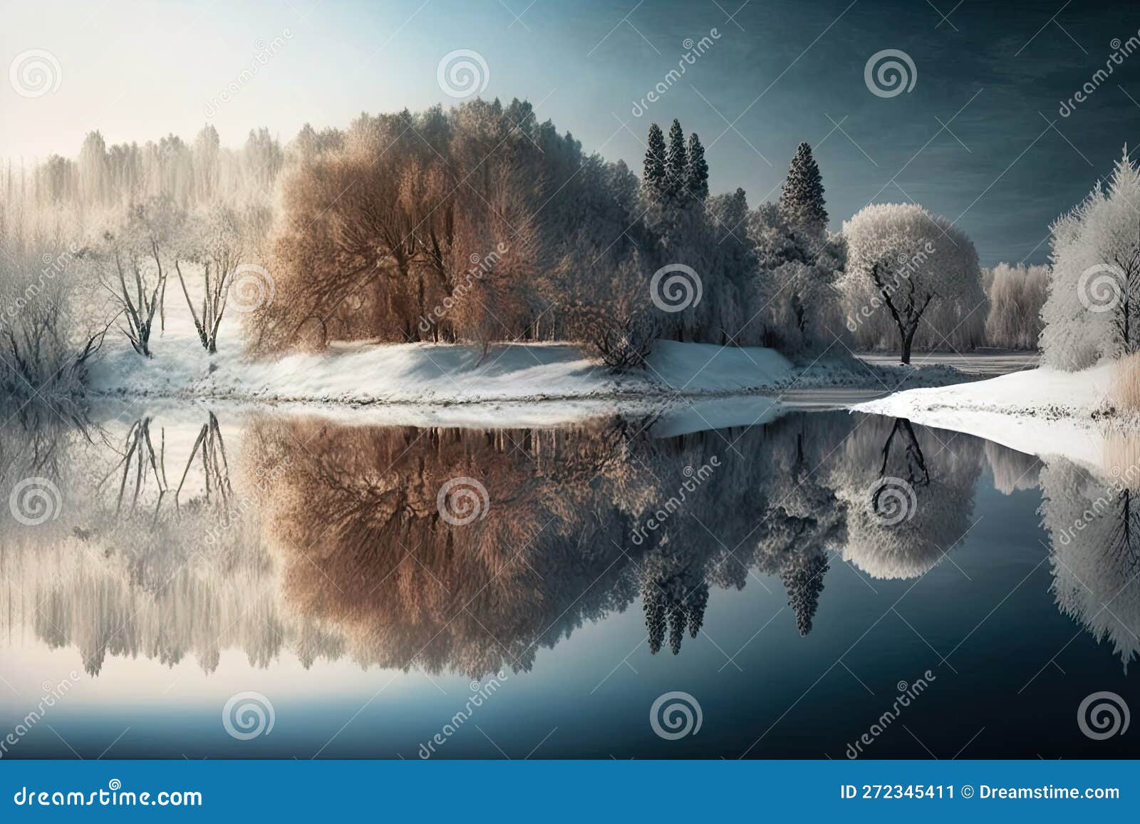 Panoramic View of Winter Landscape with Frozen River and Trees ...