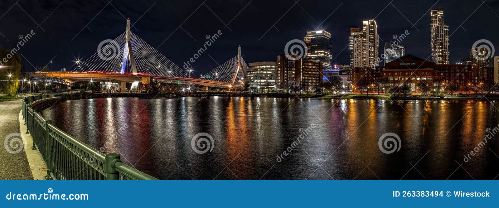 Panoramic View of the Zakim Cable-stayed Bridge at Night in Boston ...