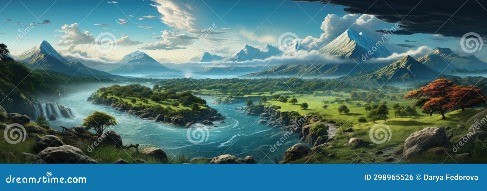 Panoramic Views with Mountains, Rivers, Trees and Planets Stock Photo ...