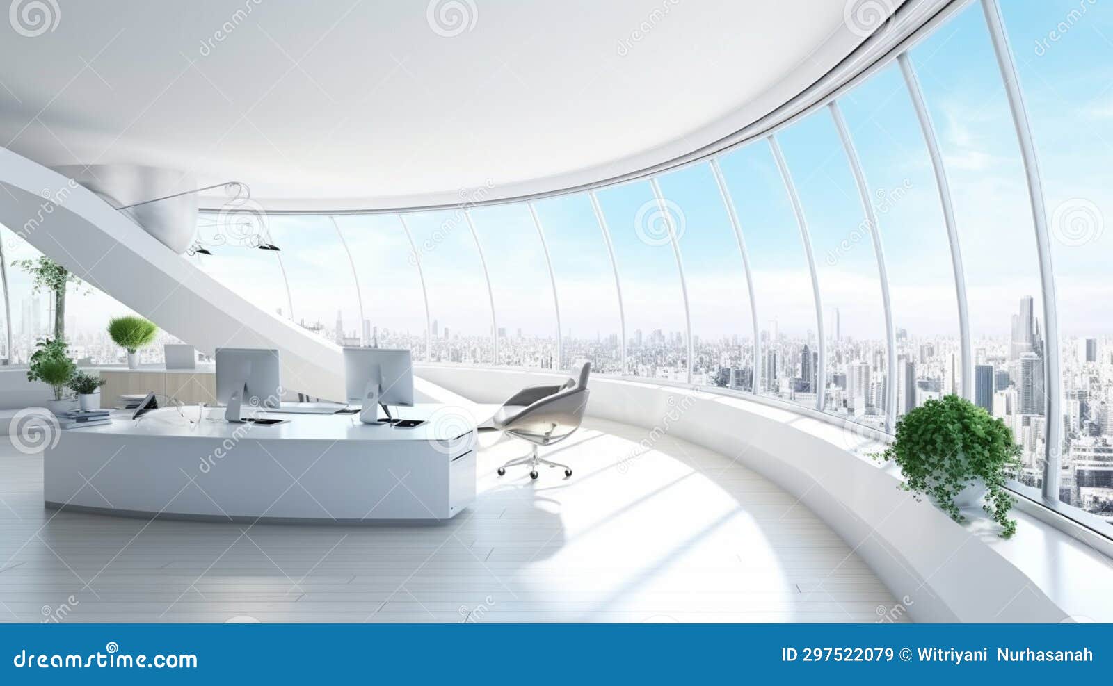 Panoramic White CEO Office Corner with Balcony. Corner of CEO Office ...