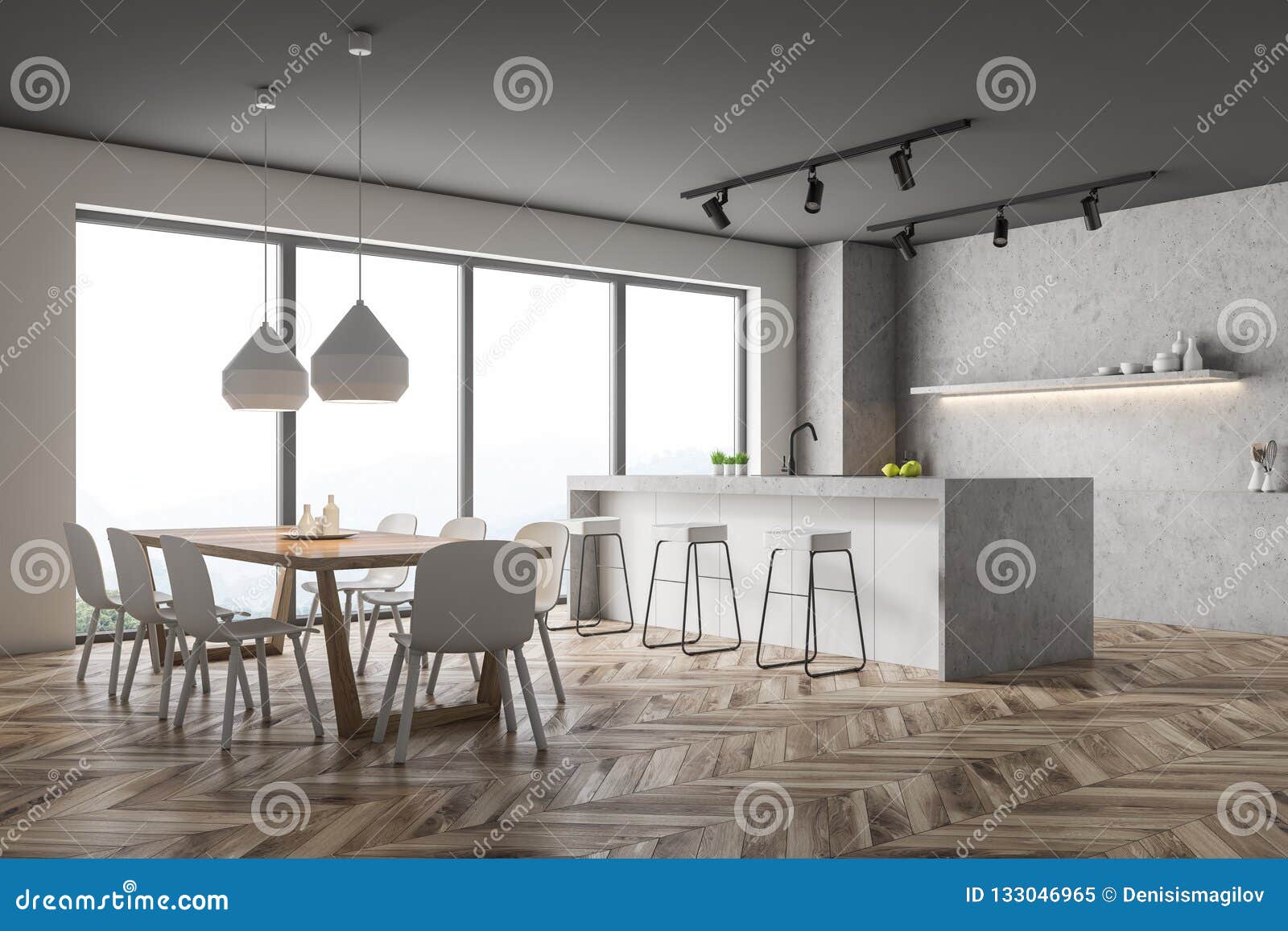 Panoramic White Kitchen Corner with Bar and Table Stock Illustration ...