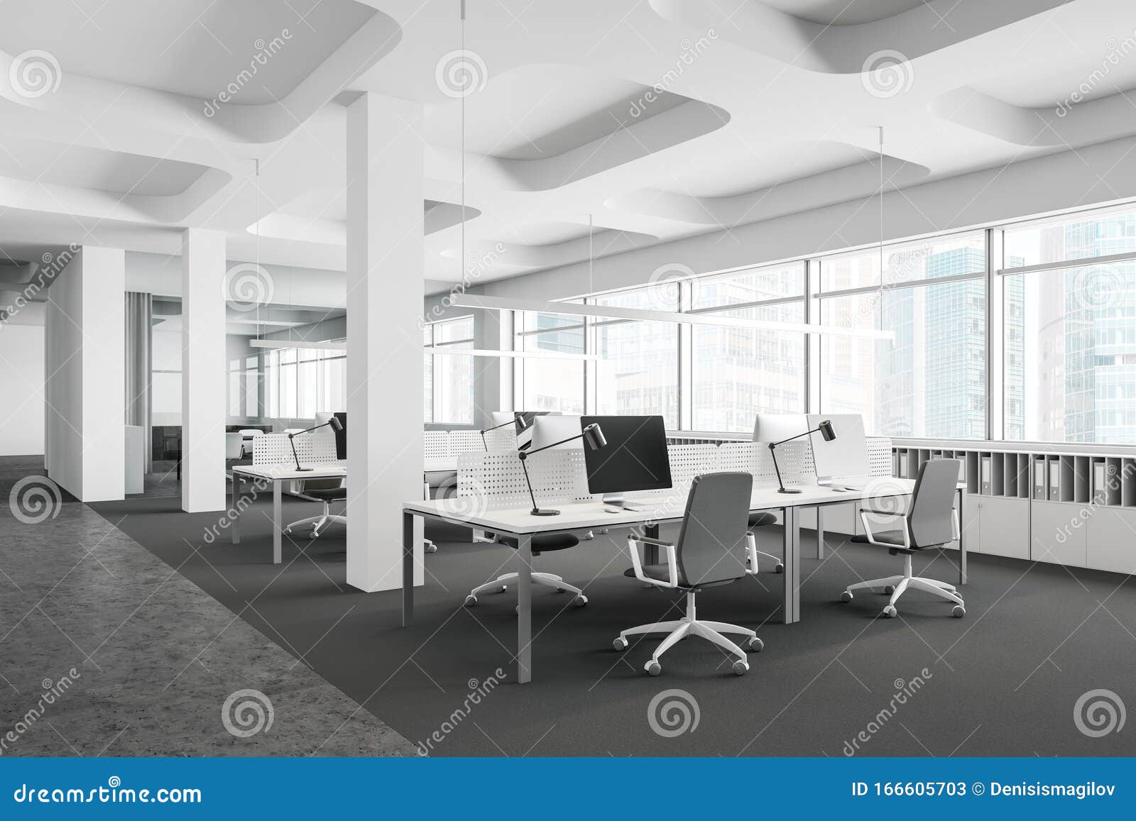 Panoramic White Open Space Office with Columns Stock Illustration ...