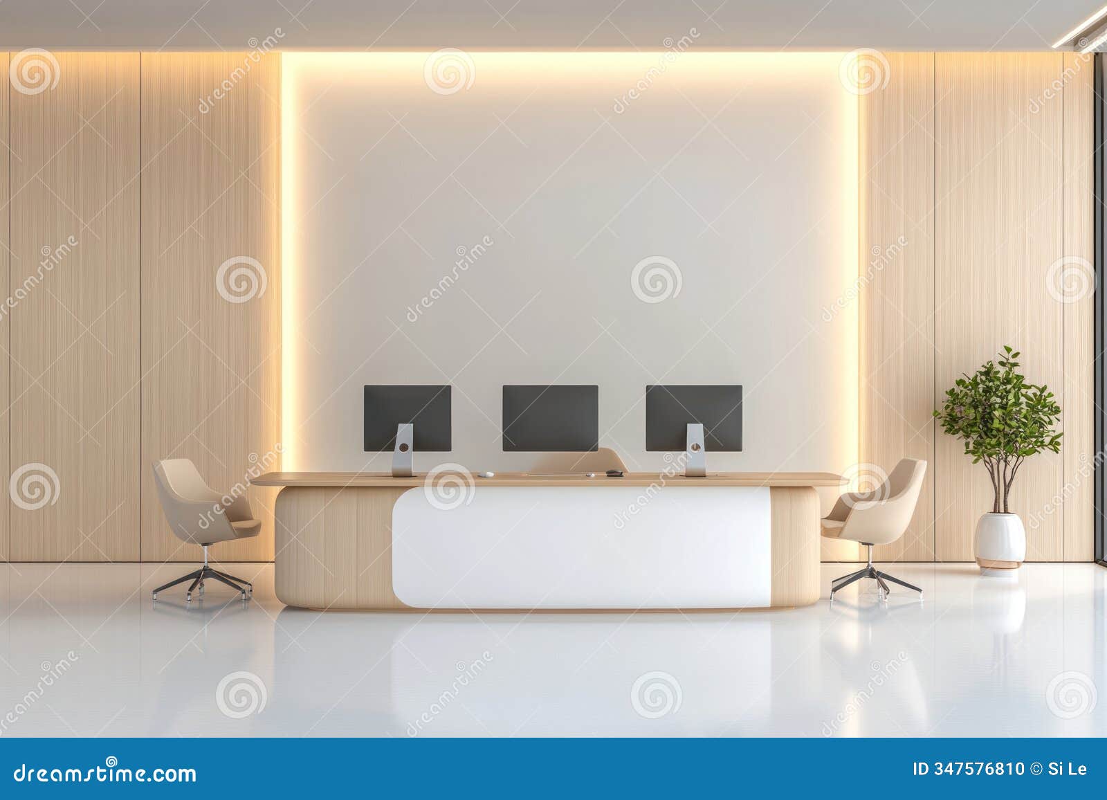 Panoramic Window View Of Modern Office Workplace With Row Of Desktop ...