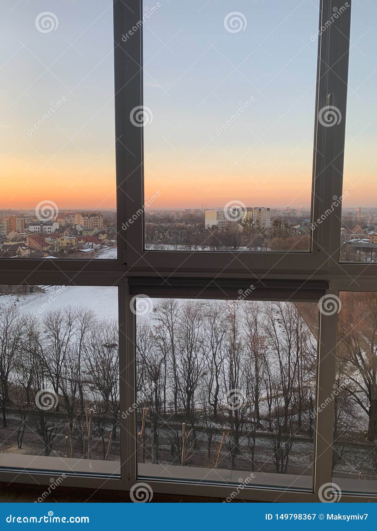 Panoramic Windows Overlooking Beautiful Golden Sunset. View from Home ...