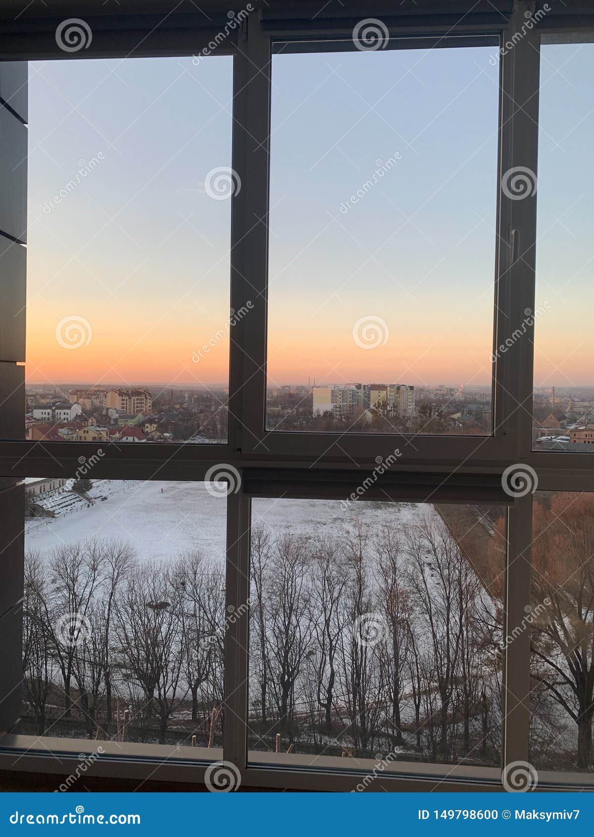 Panoramic Windows Overlooking Beautiful Golden Sunset. View from Home ...
