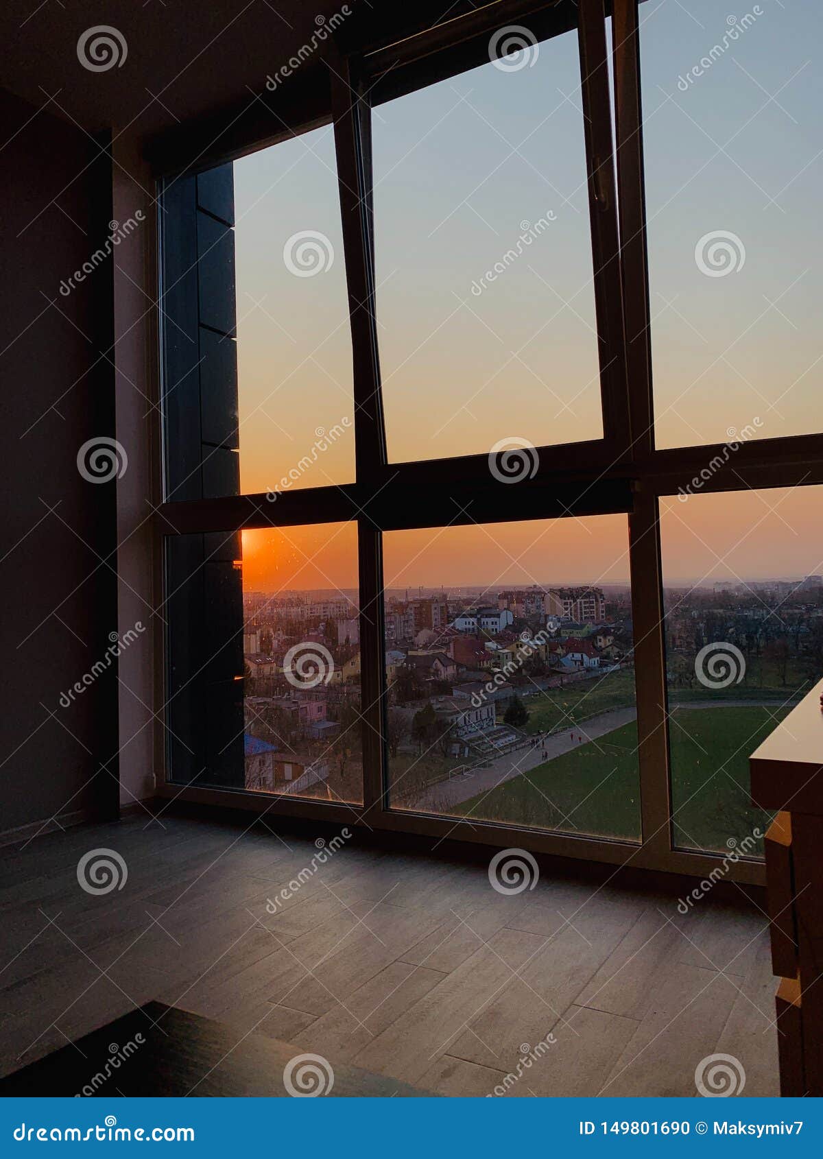Panoramic Windows Overlooking Beautiful Golden Sunset. View from Home ...