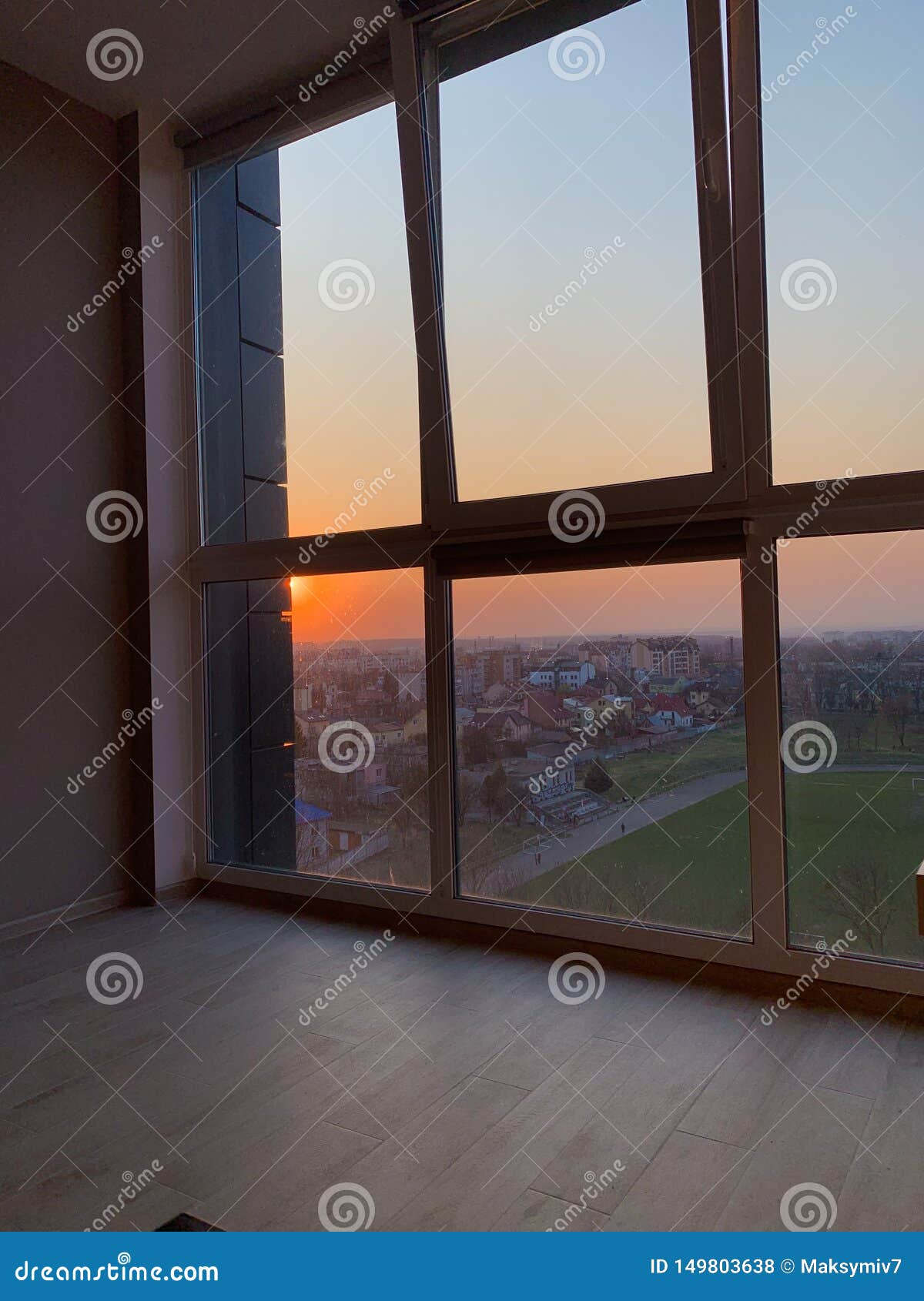 Panoramic Windows Overlooking Beautiful Golden Sunset. View from Home ...