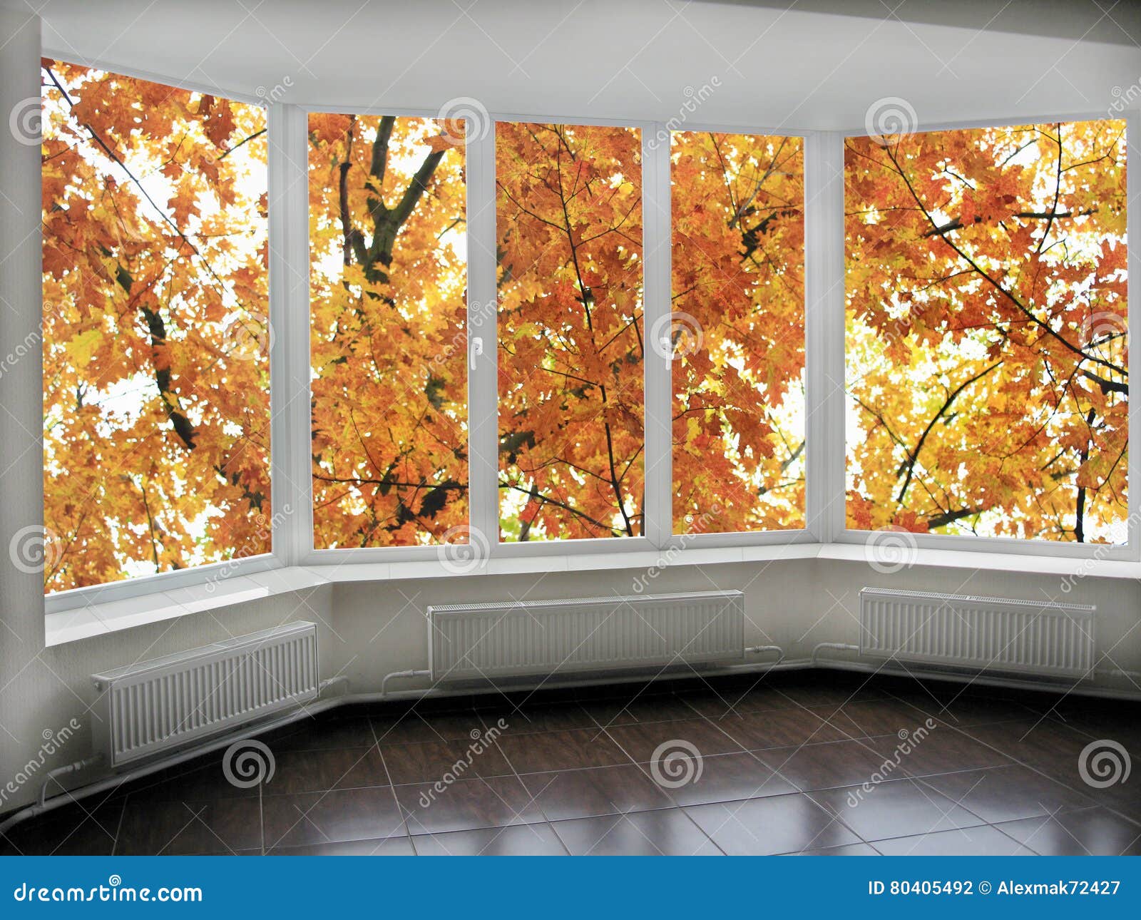 Panoramic Windows with View To Oaken Autumnale Forest Stock Photo ...