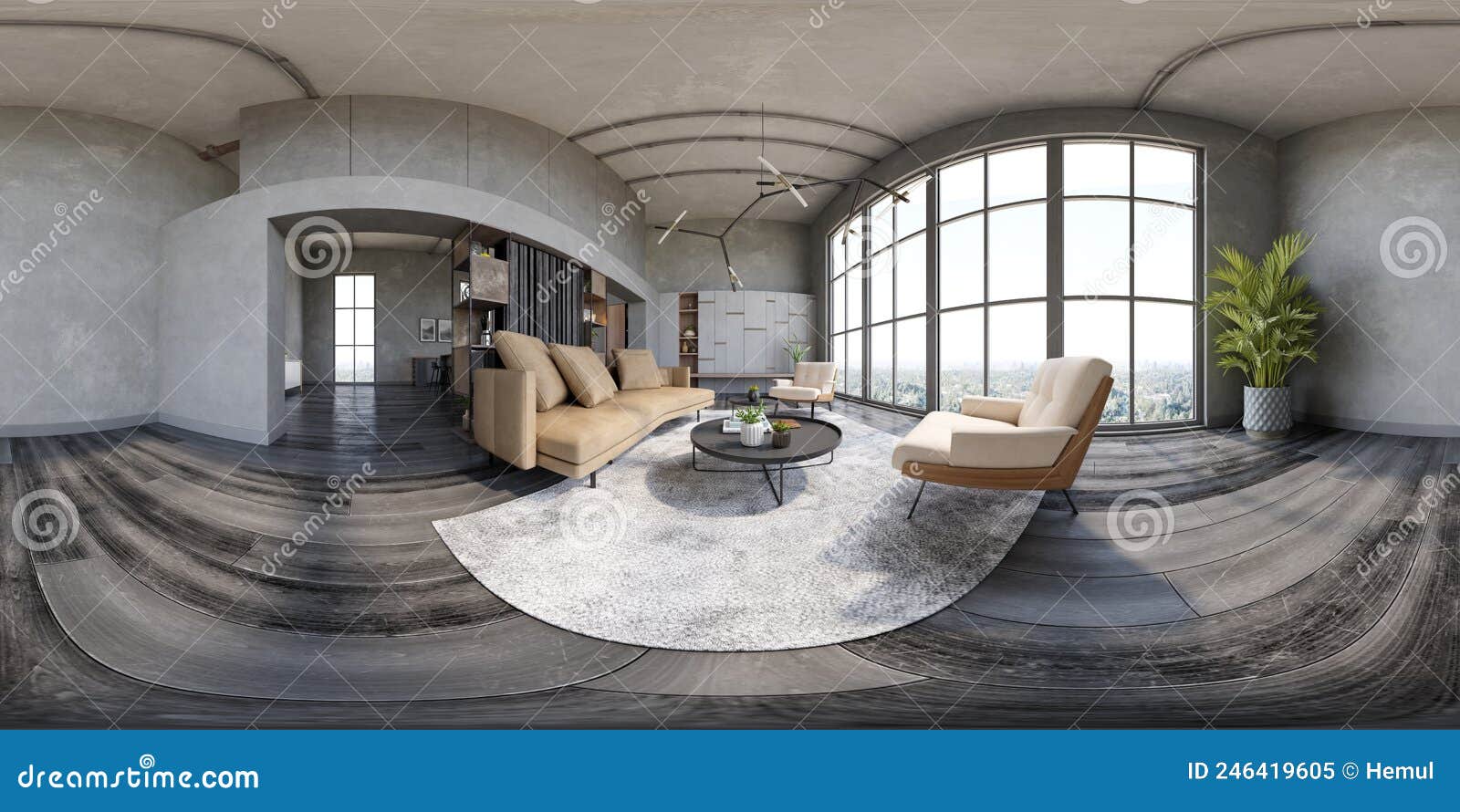 360 Panorana Minimalist Interior Of Modern Living Room 3D Rendering ...