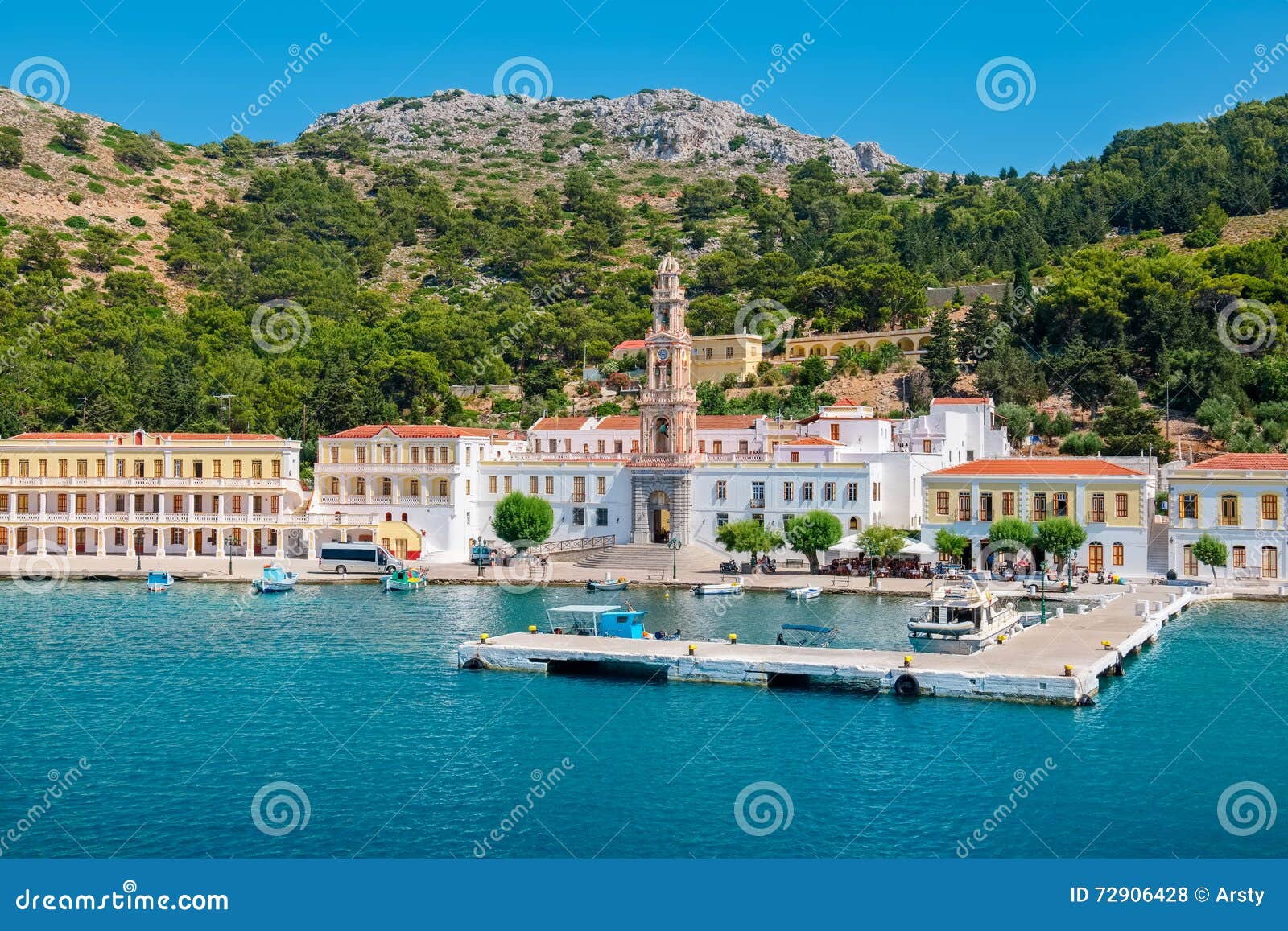 Panormitis Monastery. Symi, Greece Stock Photo - Image of boat, harbor ...