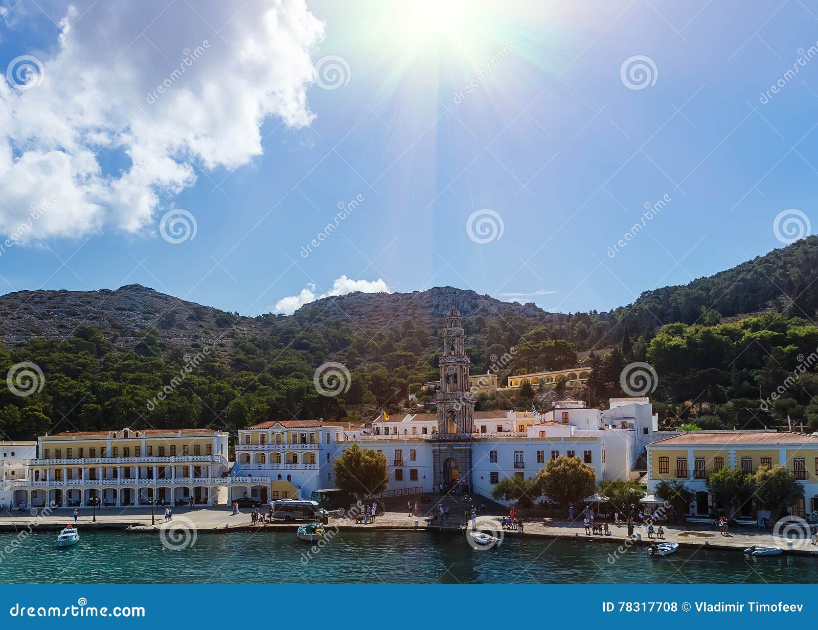 Panormitis Monastery in Symi Island , Sun Clouds Editorial Stock Photo ...
