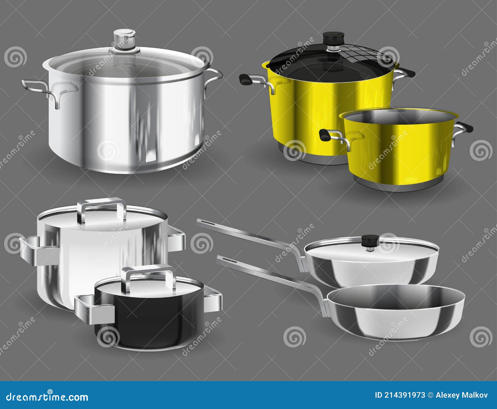 Pans Pots and Saucepans. Kitchen Pan Objects, Realistic Kitchenware ...