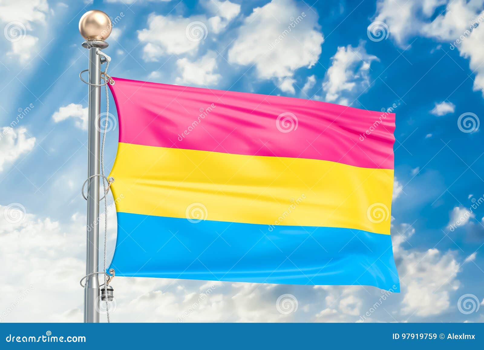 Pansexual Pride Flag Waving In Blue Cloudy Sky 3d Rendering Stock