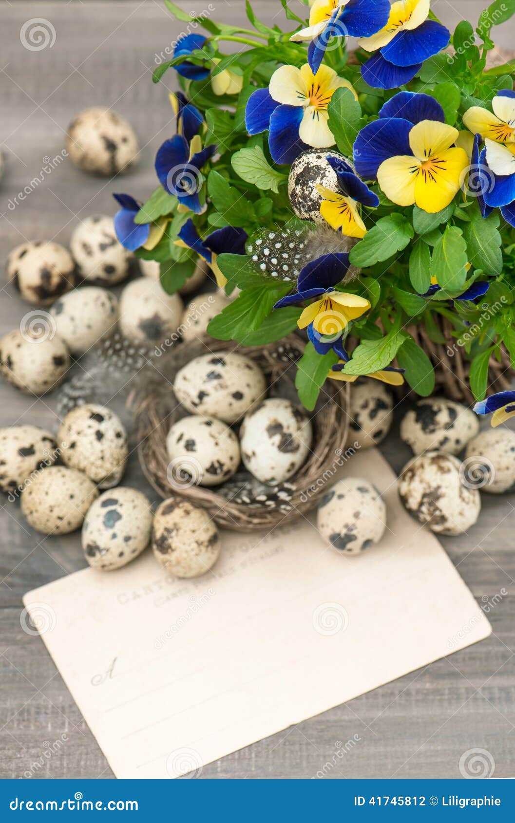Pansy Flowers, Quail Eggs and Greeting Card Stock Photo - Image of ...