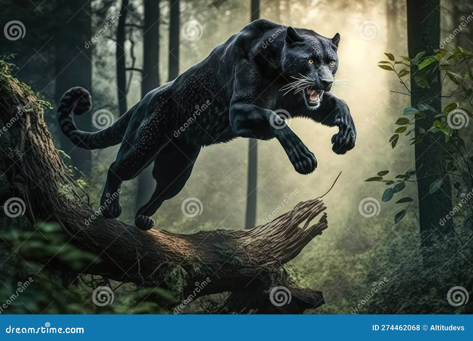 Panther Leaping Over Fallen Tree in the Forest Stock Illustration ...