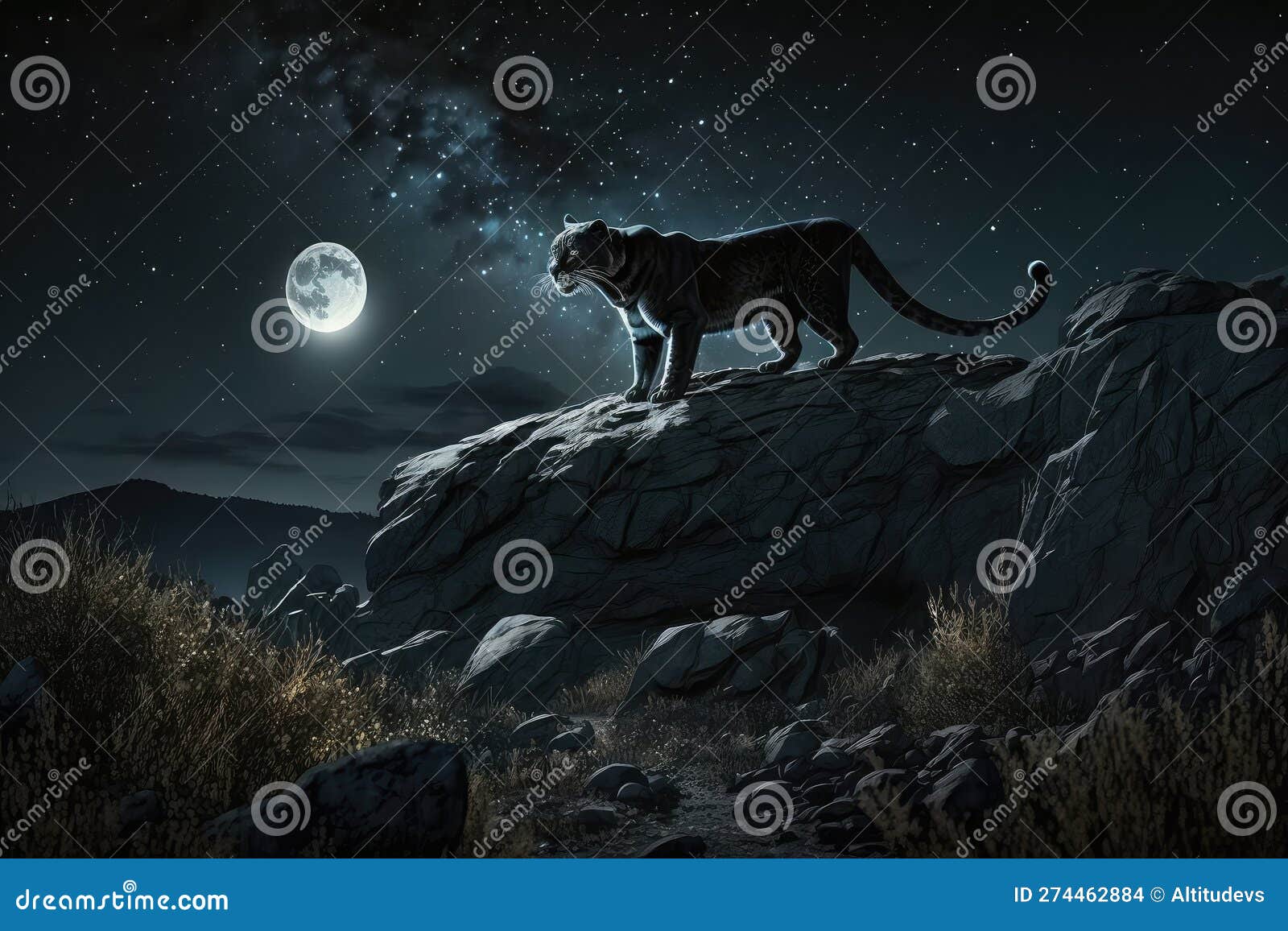 A Panther Navigating Rugged Terrain, with the Moon Shining Bright Stock ...