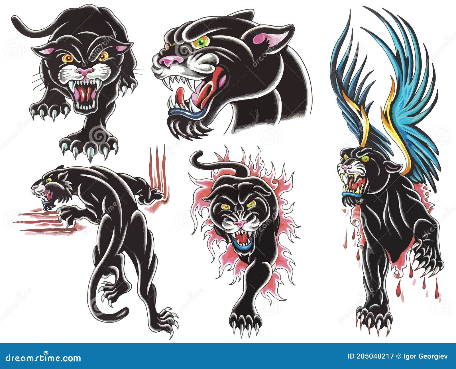 Panther Oldskool Tattoo Set. Set of Labels and Elements. Vector Set ...