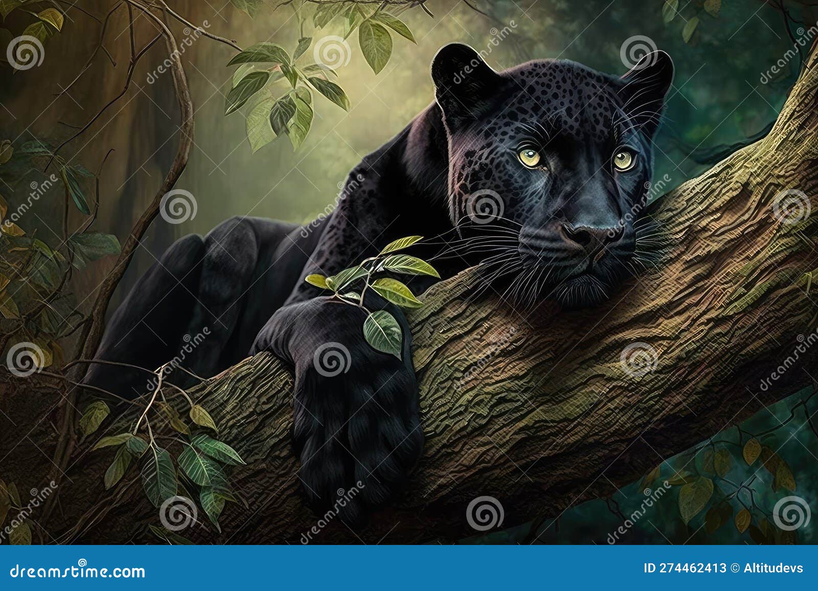 Panther Resting On Tree Branch Surveying The Forest Stock Illustration