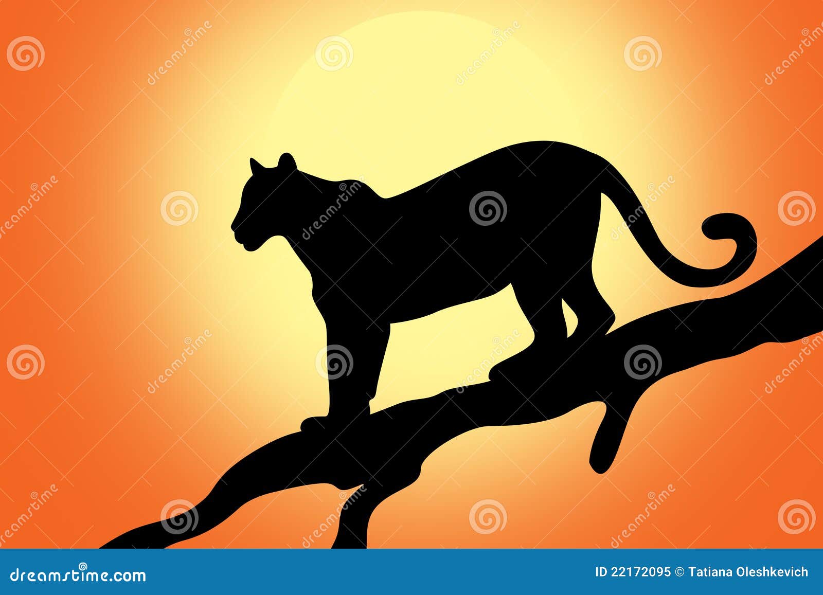 Panther on a Tree at Sunset Stock Illustration - Illustration of feline ...