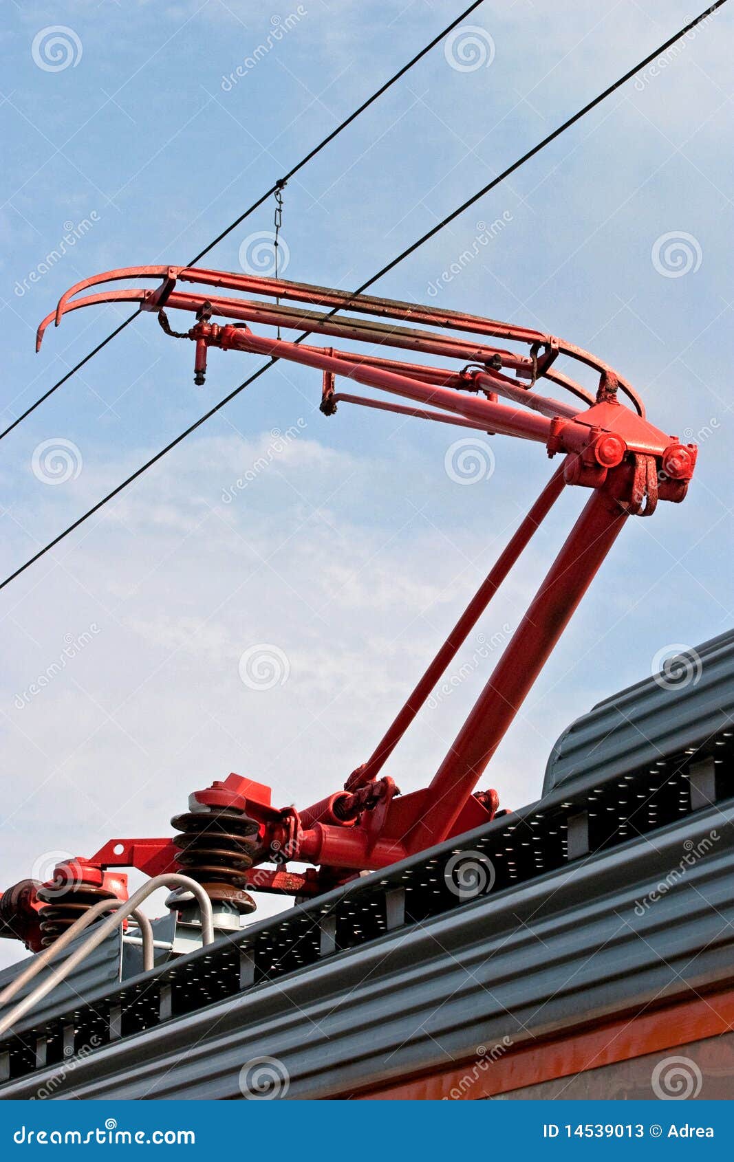 Locomotive Front Pantograph in Contact with the Upper Electrical Wires ...