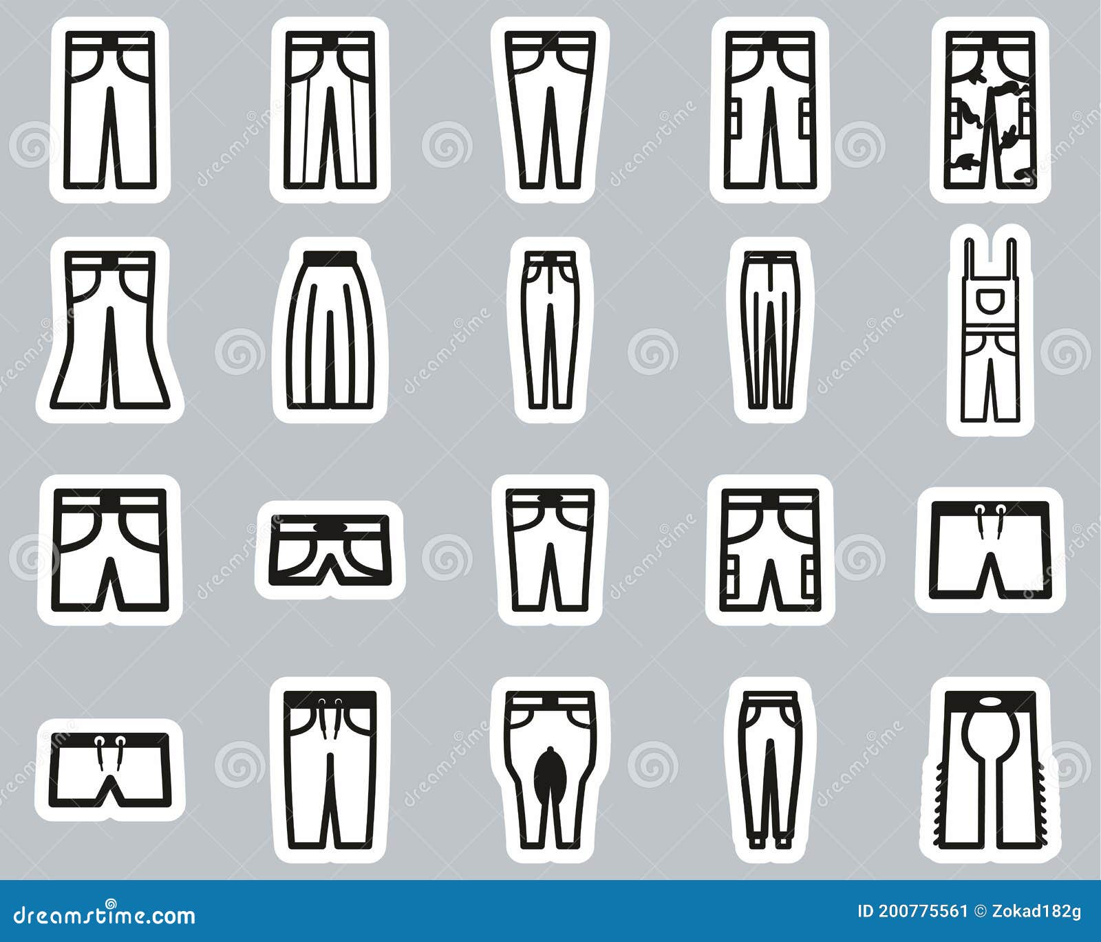 Pants Long & Short Icons Black & White Sticker Set Big Stock Vector ...
