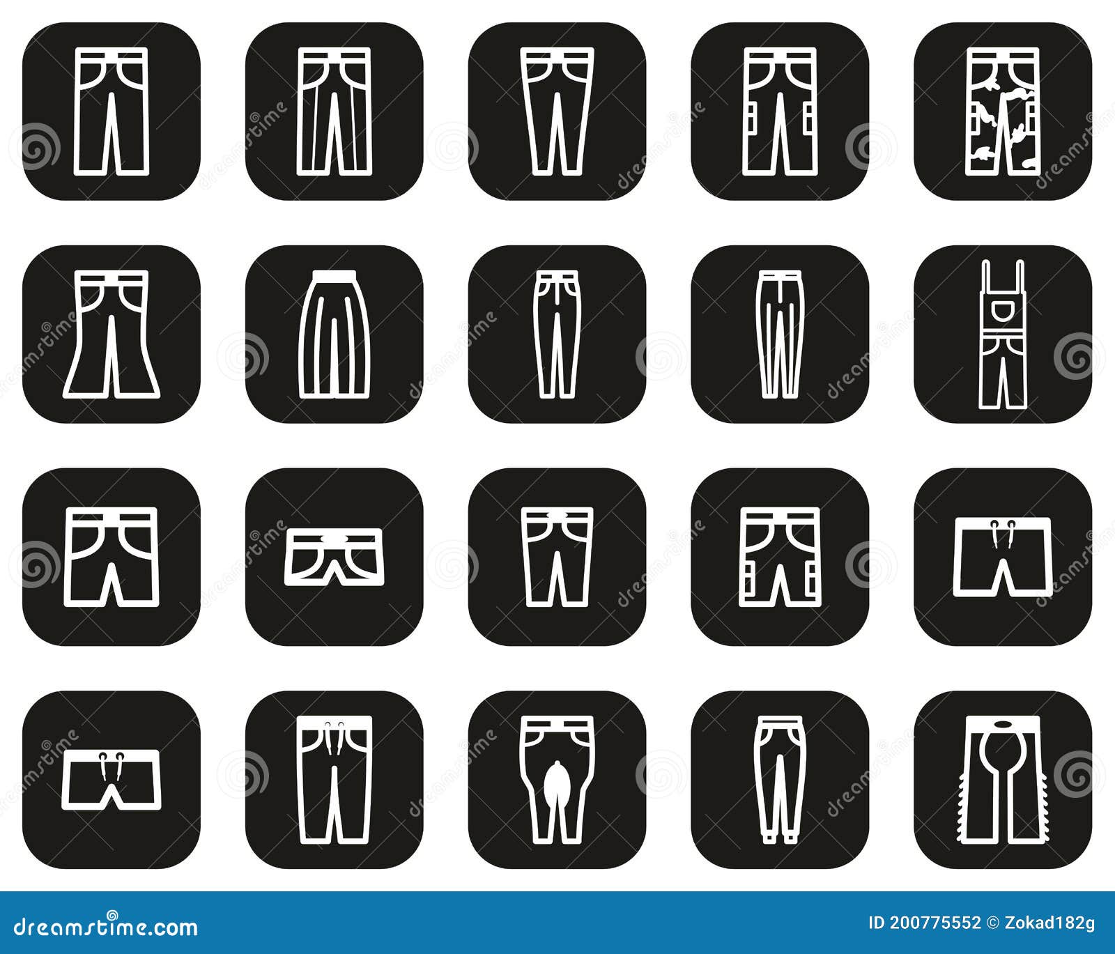 Pants Long & Short Icons White on Black Flat Design Set Big Stock ...