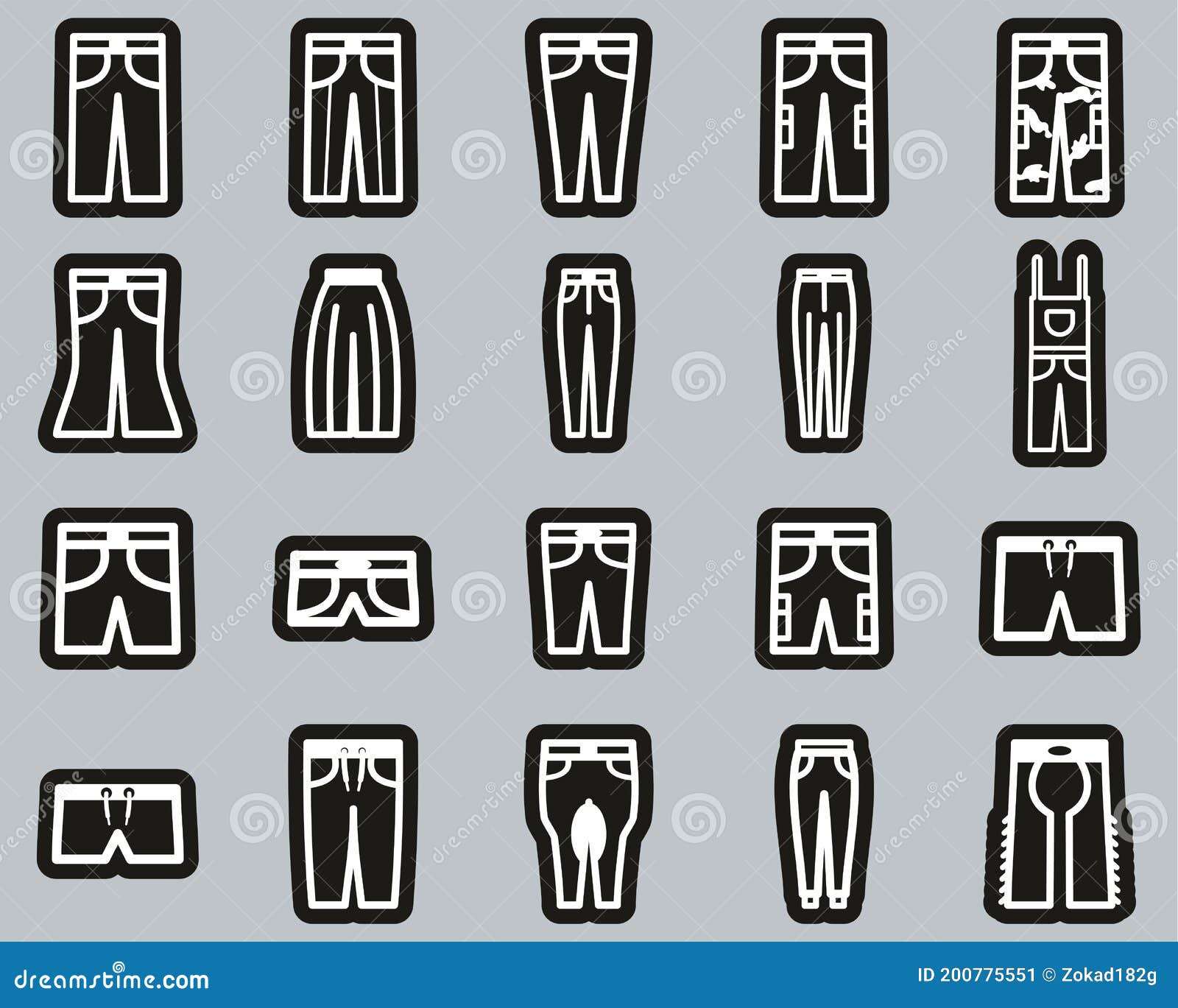 Pants Long & Short Icons White on Black Sticker Set Big Stock Vector ...