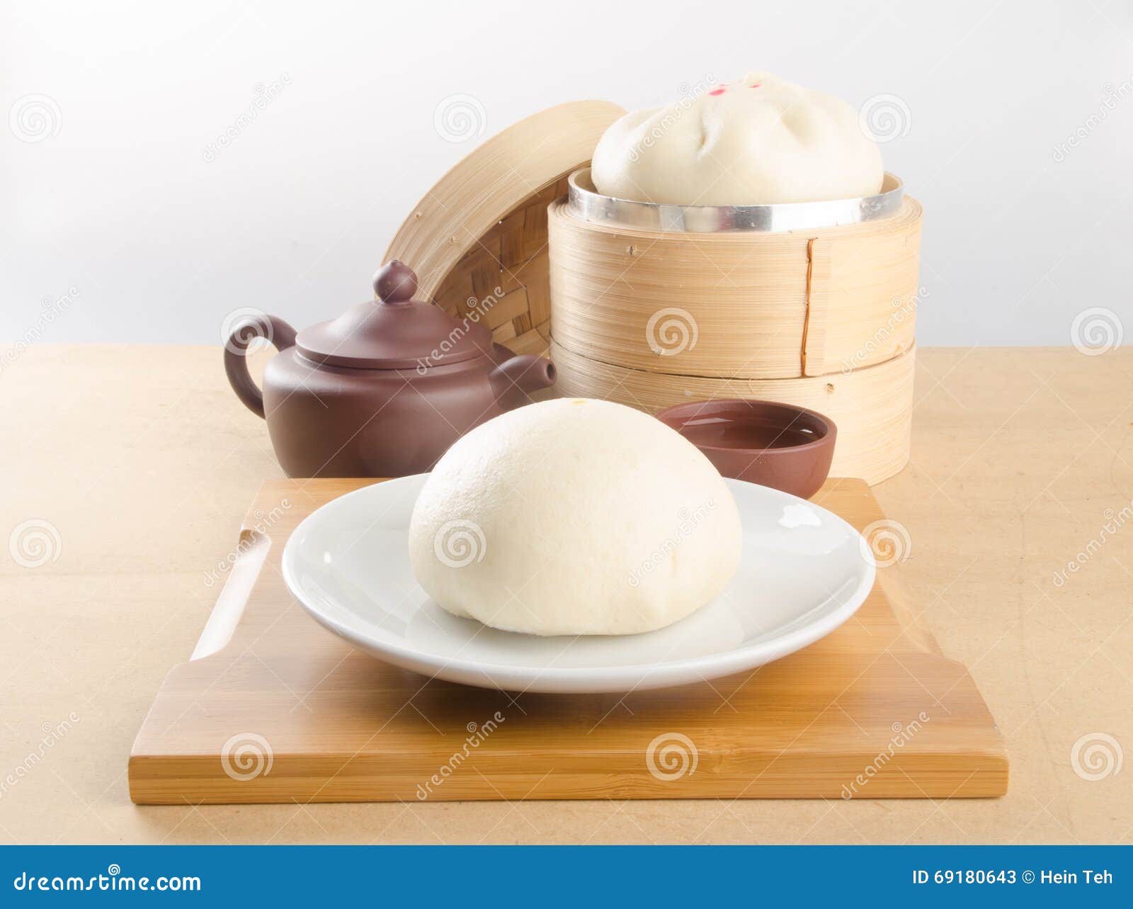 Pao or Dim Sum in Bamboo Steamer with Chinese Bun. Stock Image - Image ...