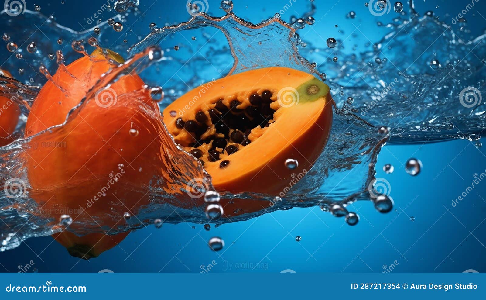 Papaya Dropped on the Blue Water Surface with Papaya Slice and Water ...