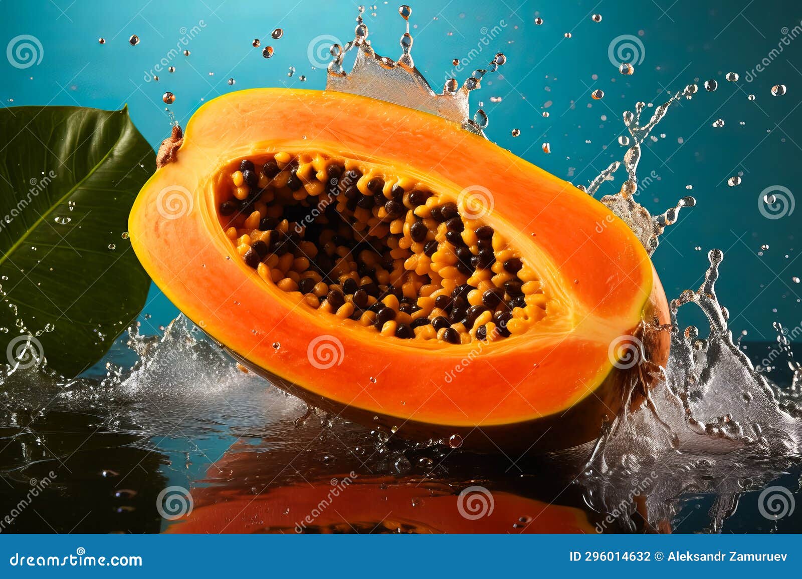 Papaya Fruit with Water Splash Isolated on a Blue Background. Tropical ...