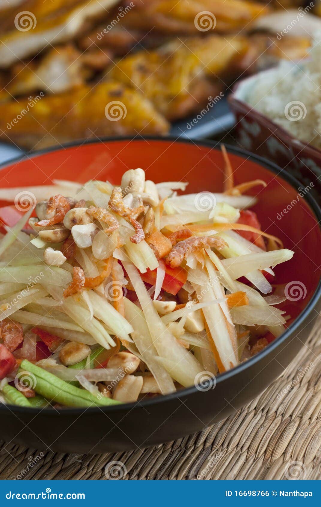 Papaya Salad with Chicken and Sticky Rice Stock Photo - Image of dried ...
