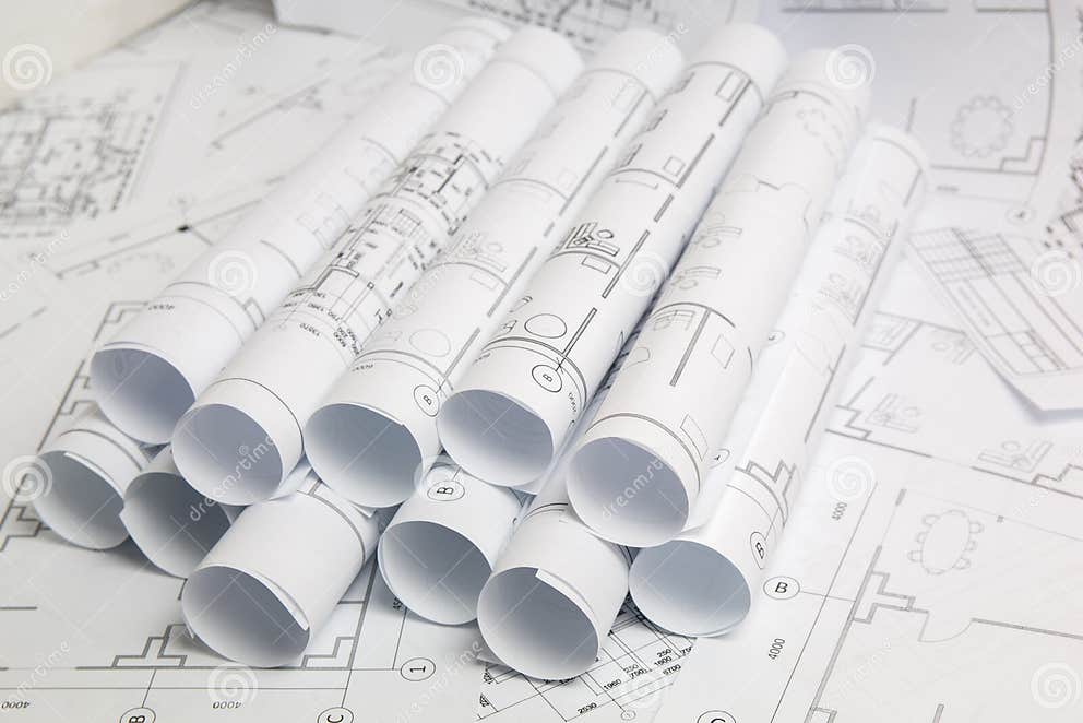 Paper Architectural Drawings and Blueprint. Engineering Blueprint Stock ...