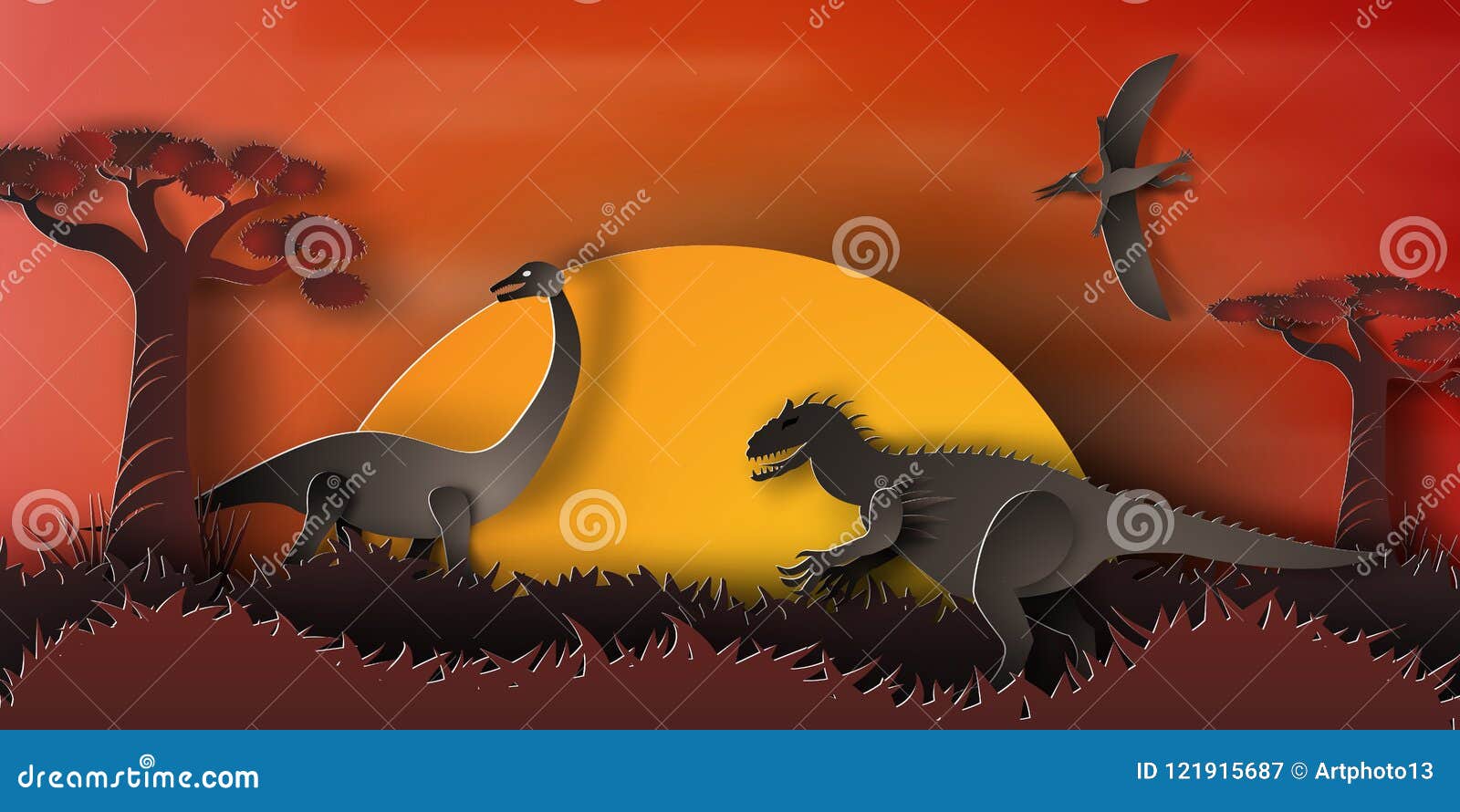 Paper Art of Dinosaur in Forest with Sunset,orange,night,vector, Stock ...