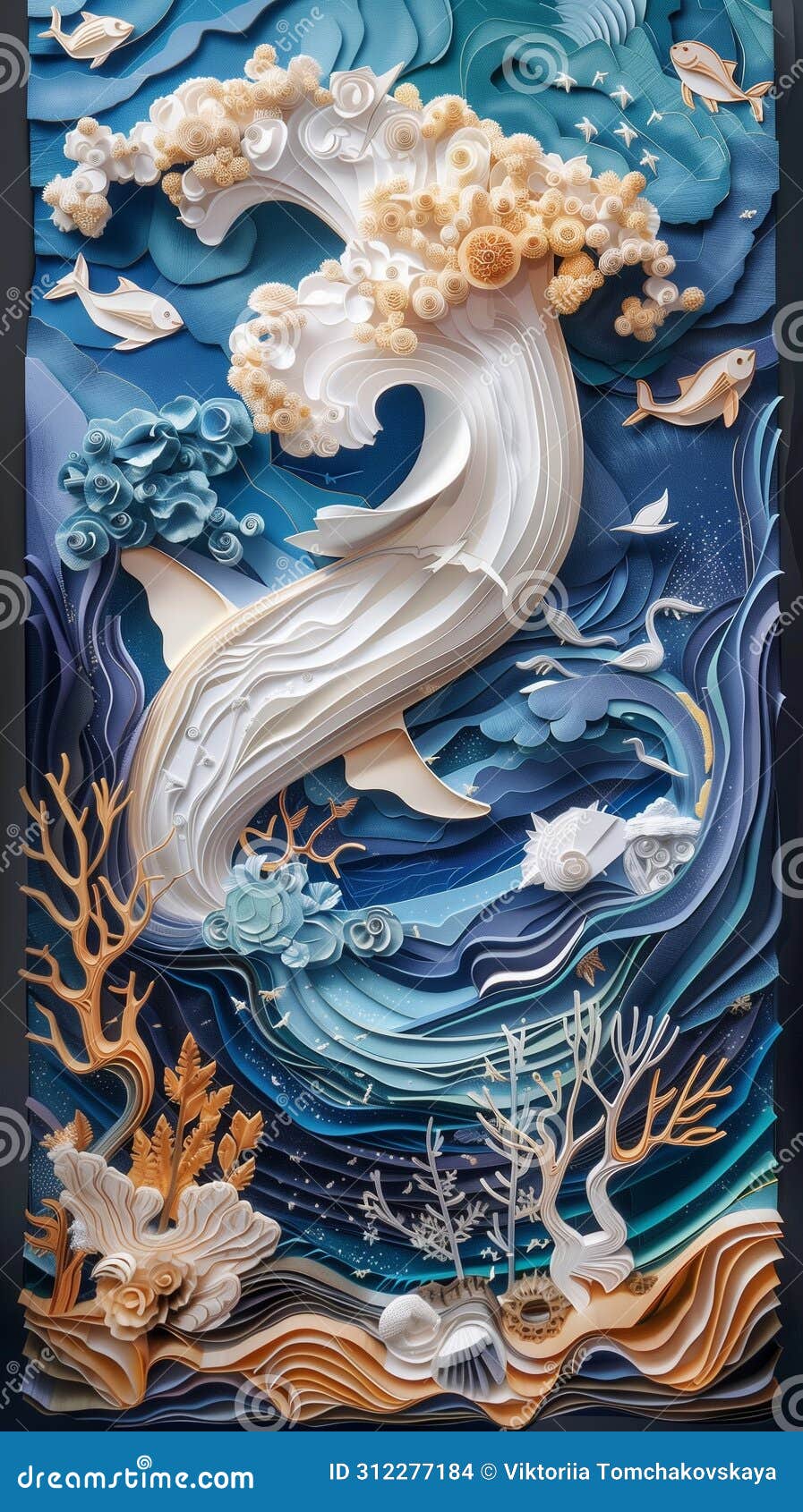 Paper Art of Ocean Waves and Sea Creatures in Quilling Style. 3D Art ...