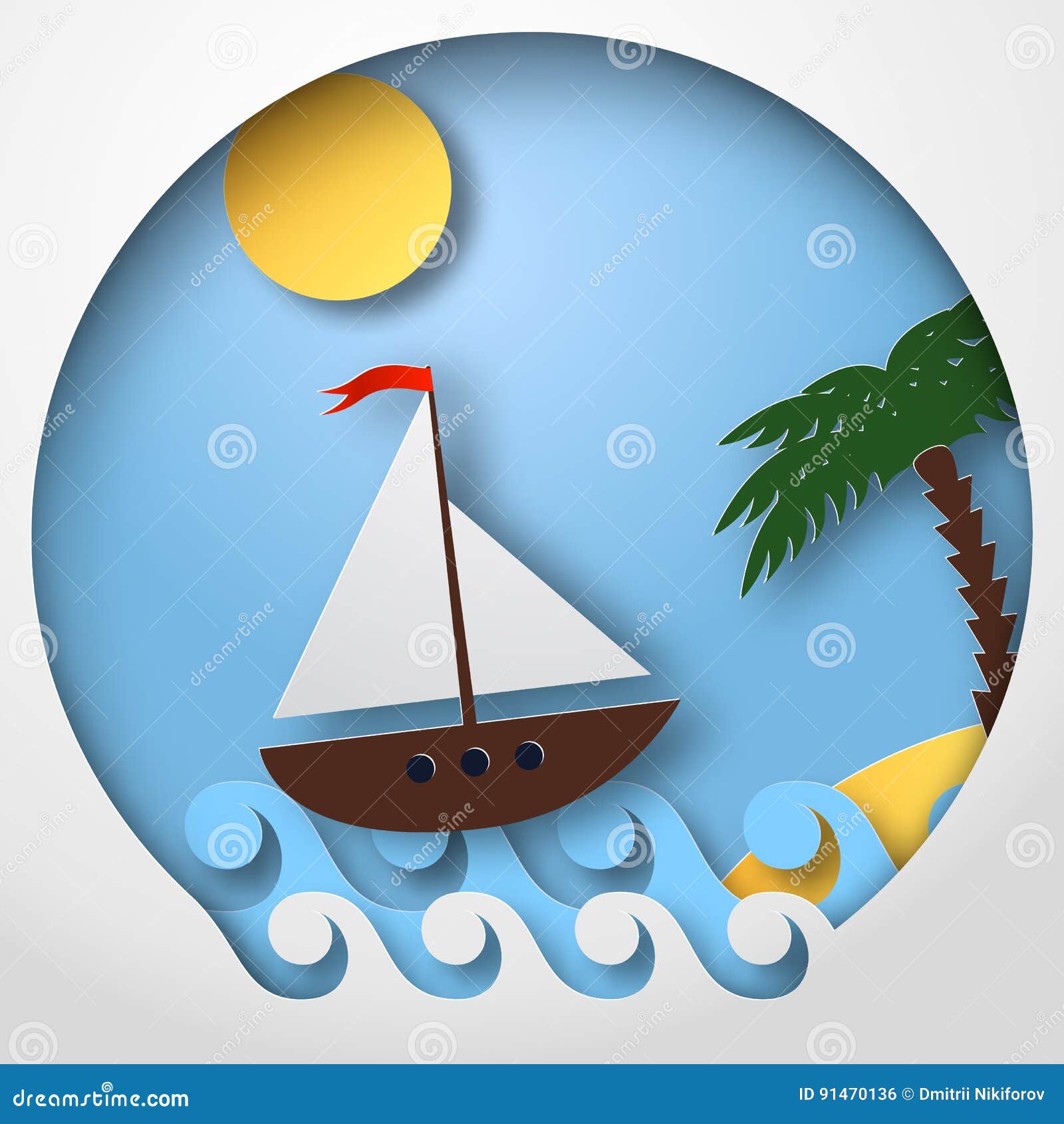 Paper Art Sailing Boat Float on the Tropical Sea. Vector Illustration ...