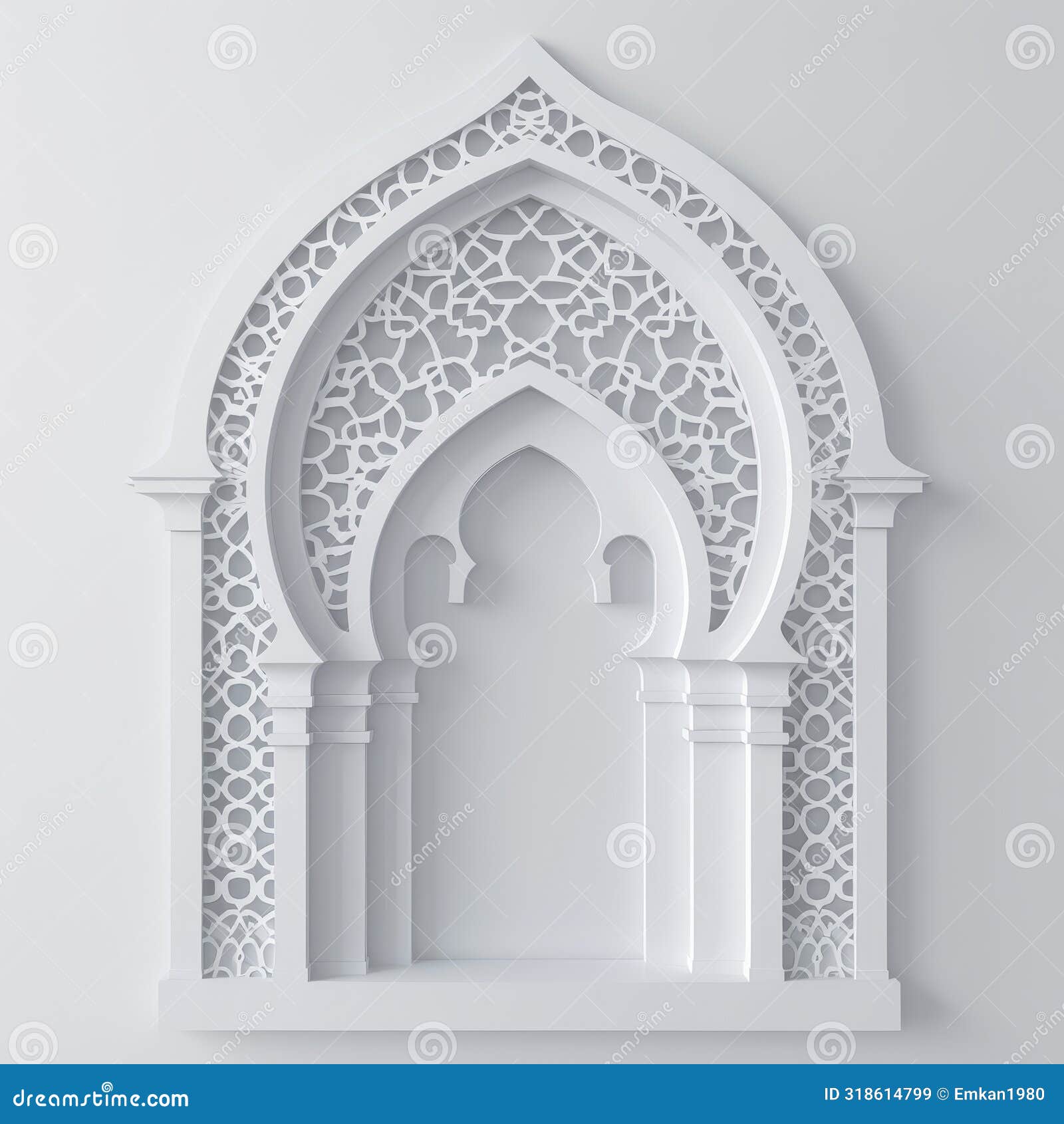 Paper Art Style White Window Arch with Islamic Pattern Background Stock ...