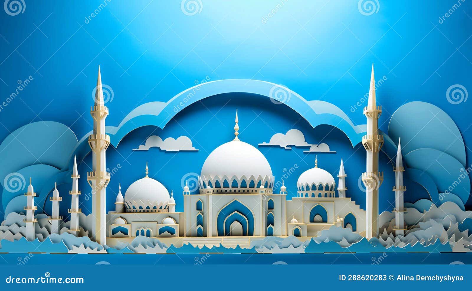 Paper Art White Mosque in Blue Clouds 2 Stock Illustration ...