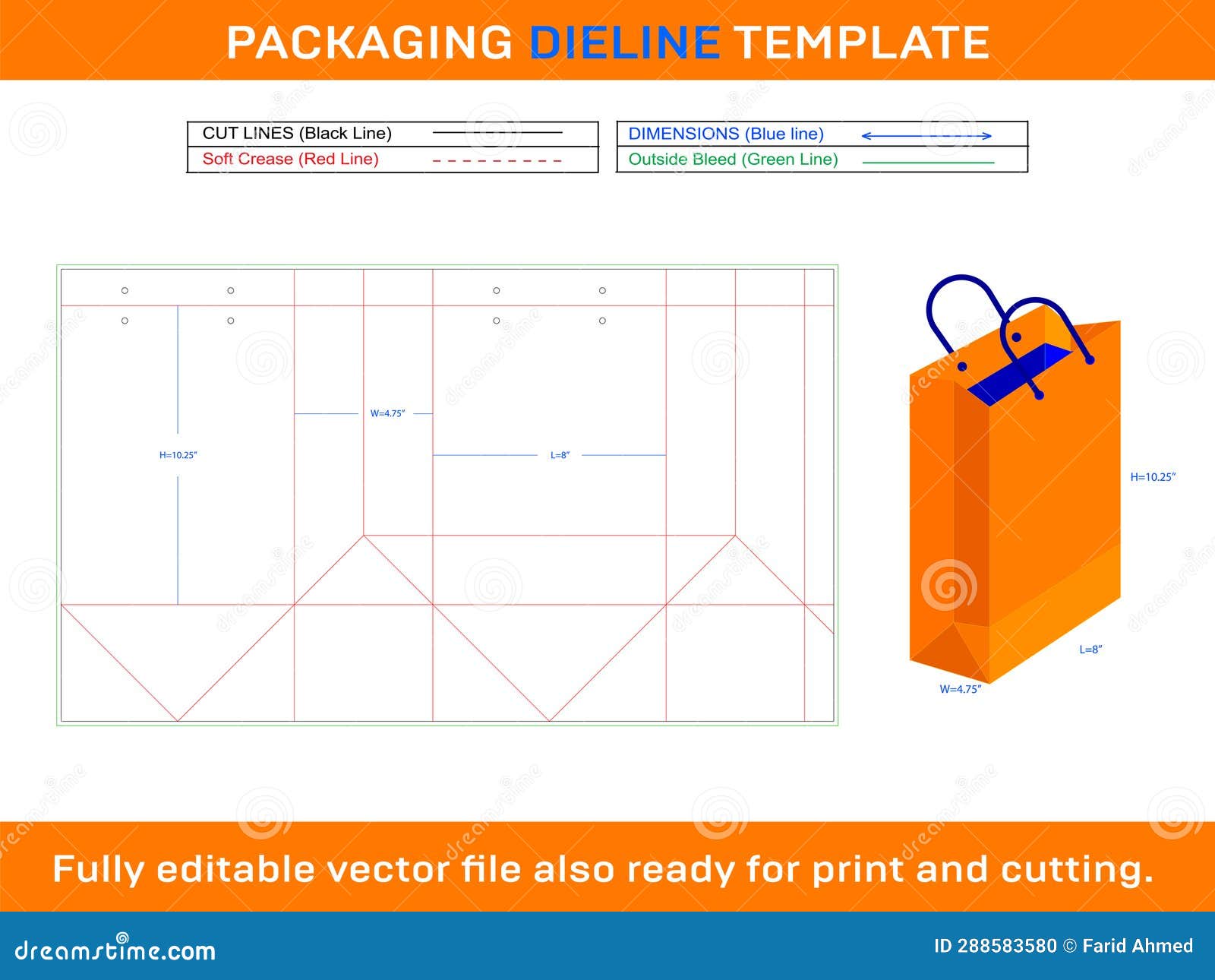 Paper Bag Die Line Template-8x4.75x10 Stock Vector - Illustration of ...